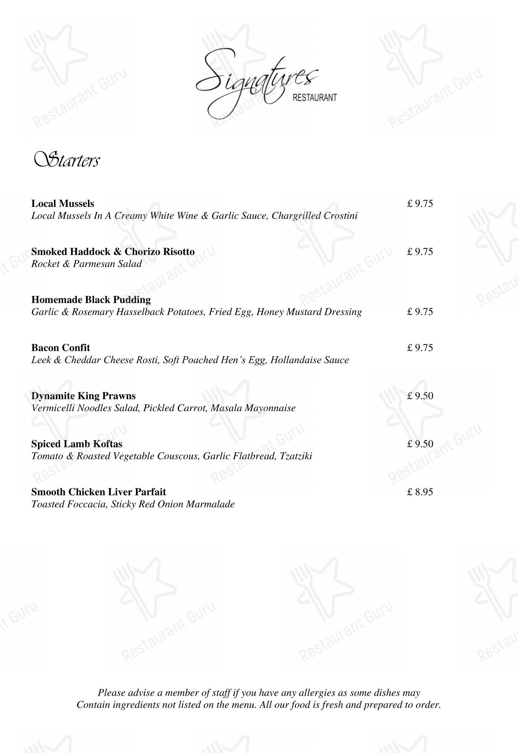 Menu at Signatures Restaurant, Conwy