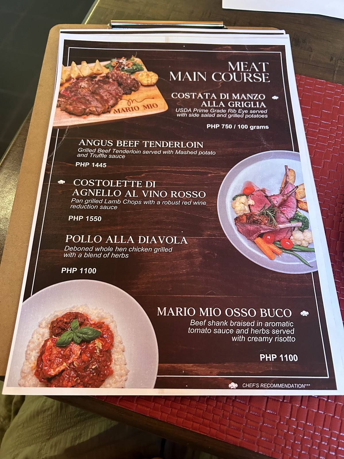 Menu at Mario Mio restaurant, Silang, 5XV7+3HF
