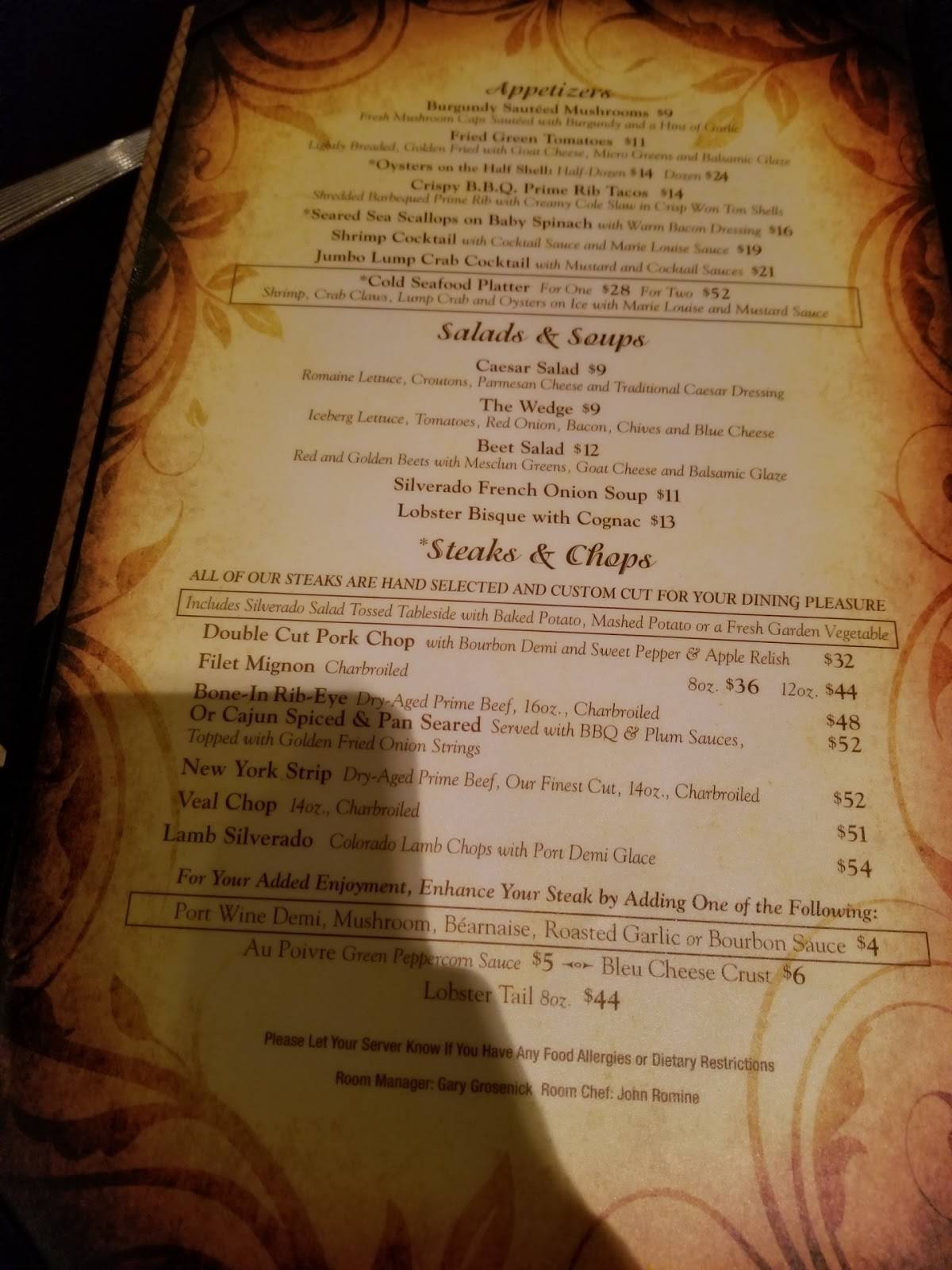 Menu at Silverado Steak House pub & bar, Las Vegas, Las Vegas Blvd S
