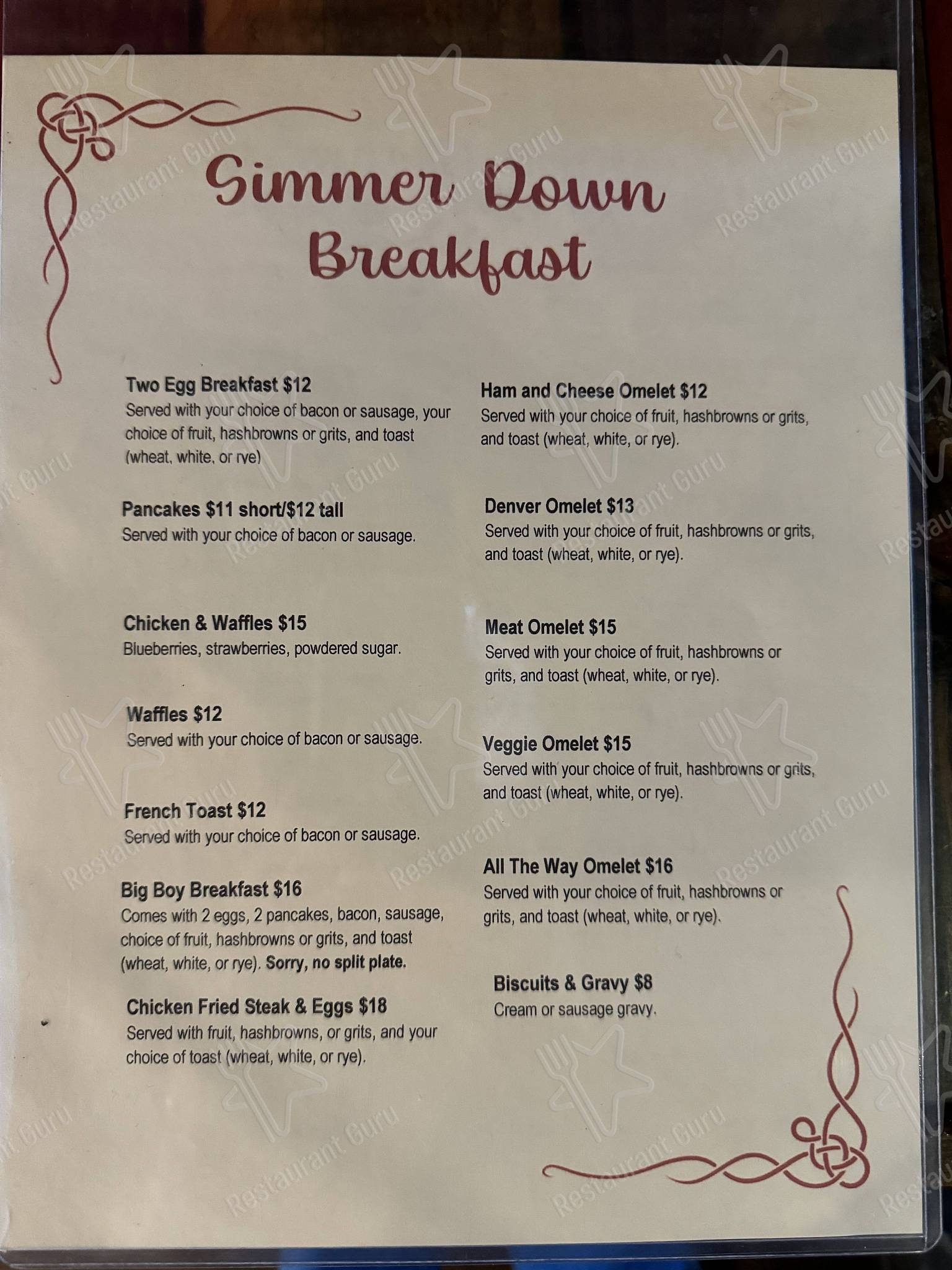 Menu at Simmer Down Cafe, Georgetown