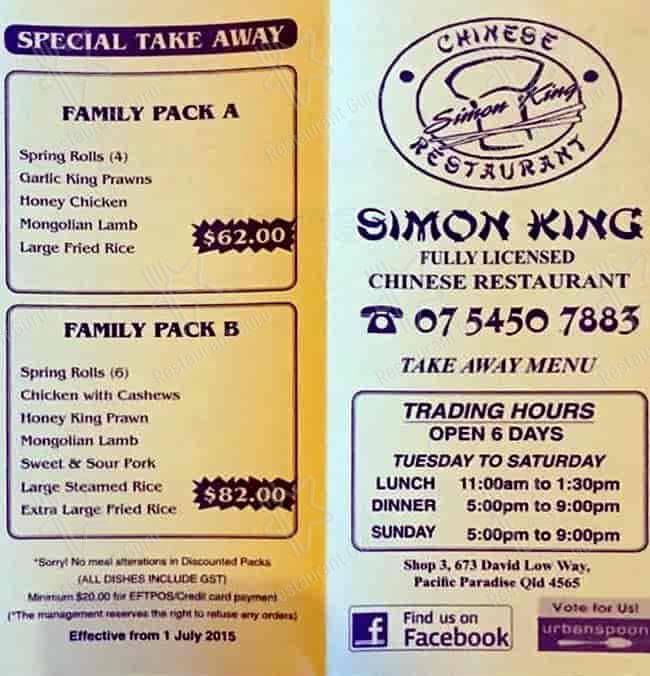 Menu at Simon King Chinese (Take away only) restaurant, Mudjimba