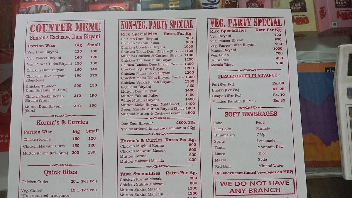 Menu at Simran Biryani, Mumbai, Sector. No.2