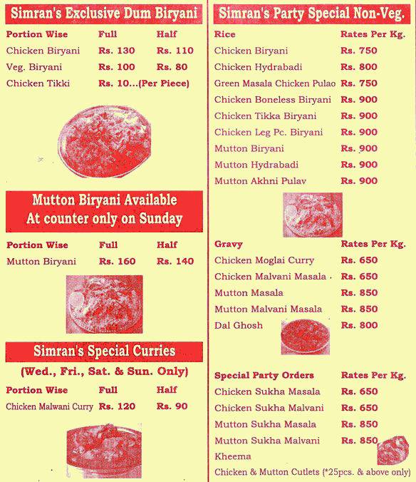 Menu at Simran Biryani, Mumbai, Sector. No.2