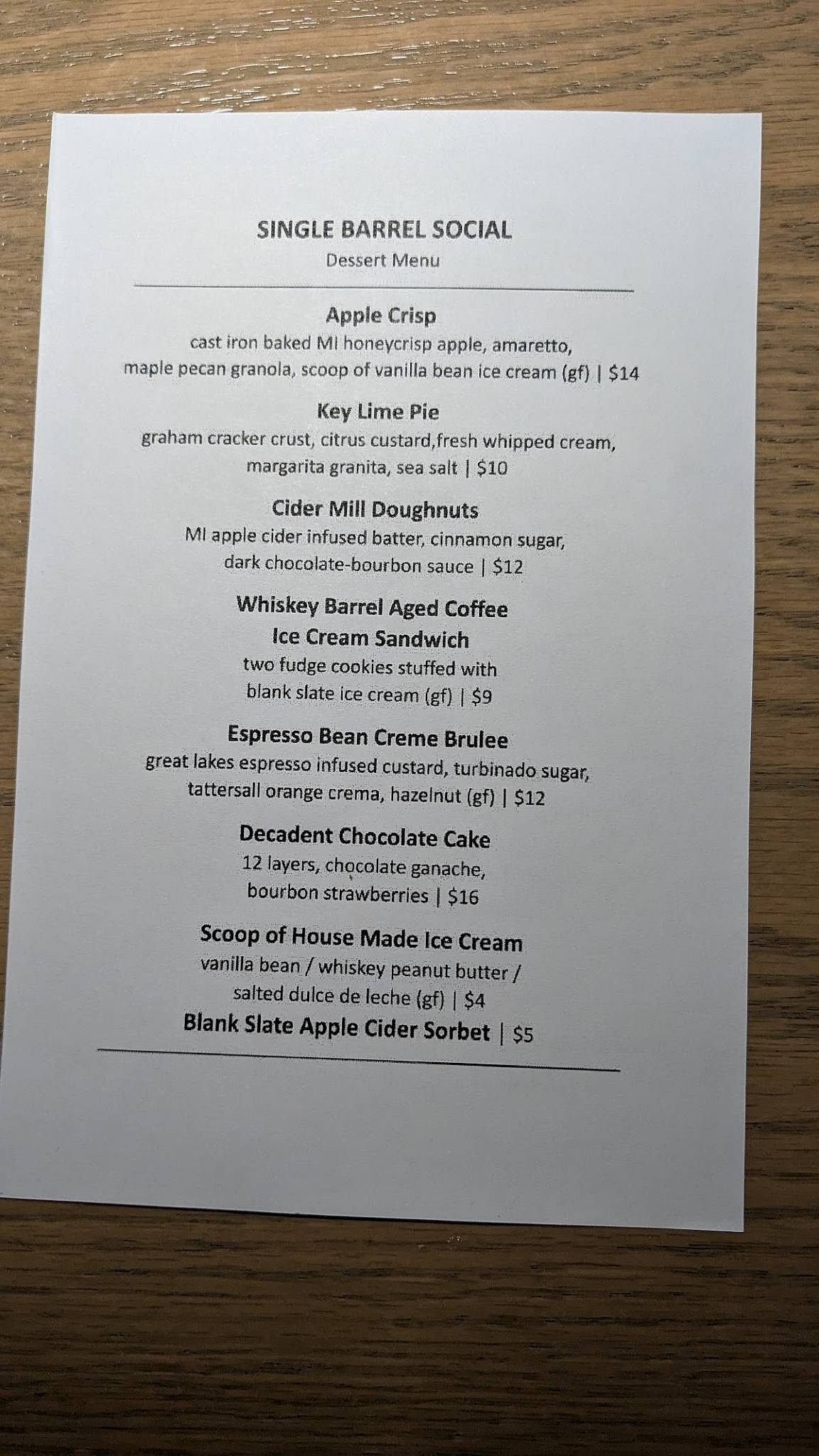 Carta de Single Barrel Social, Brighton