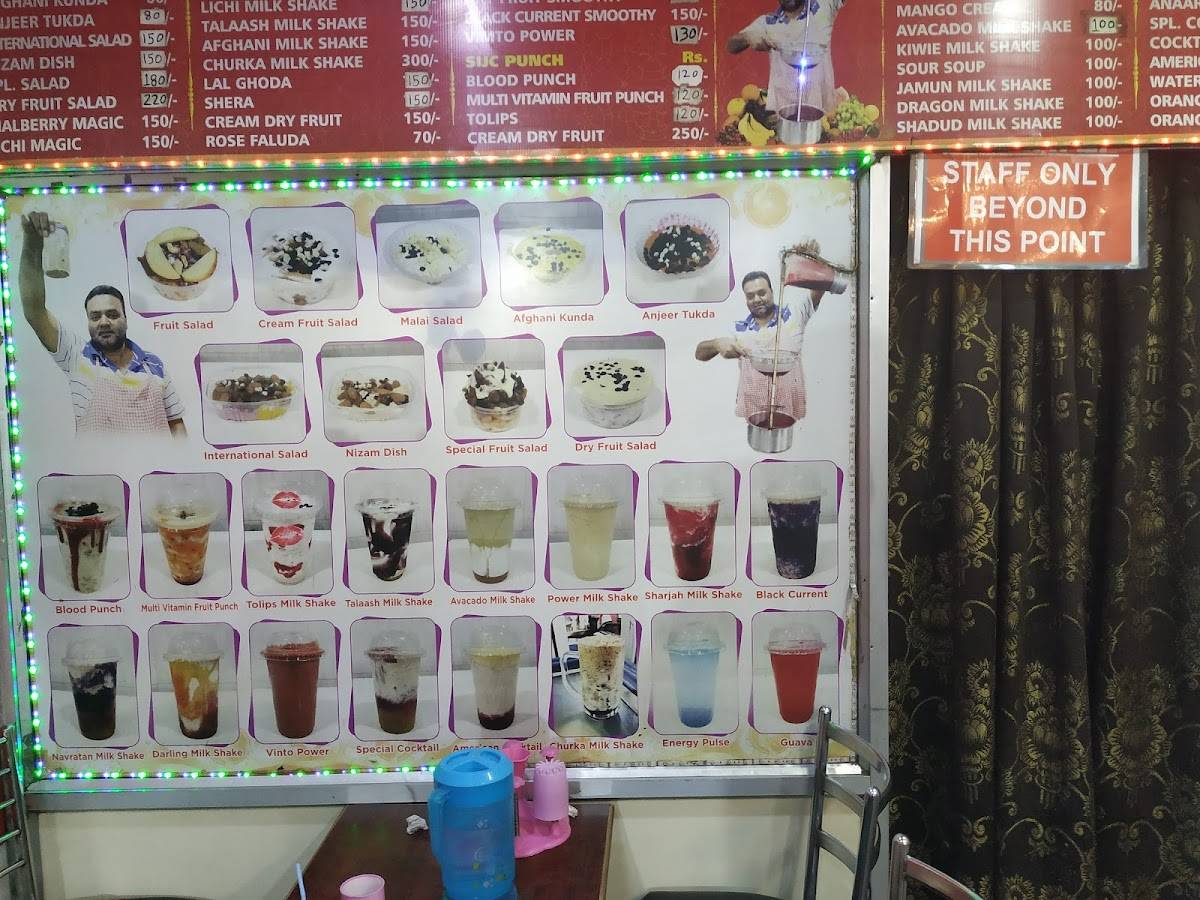 Menu at Siraj's International Juice Center, Hyderabad