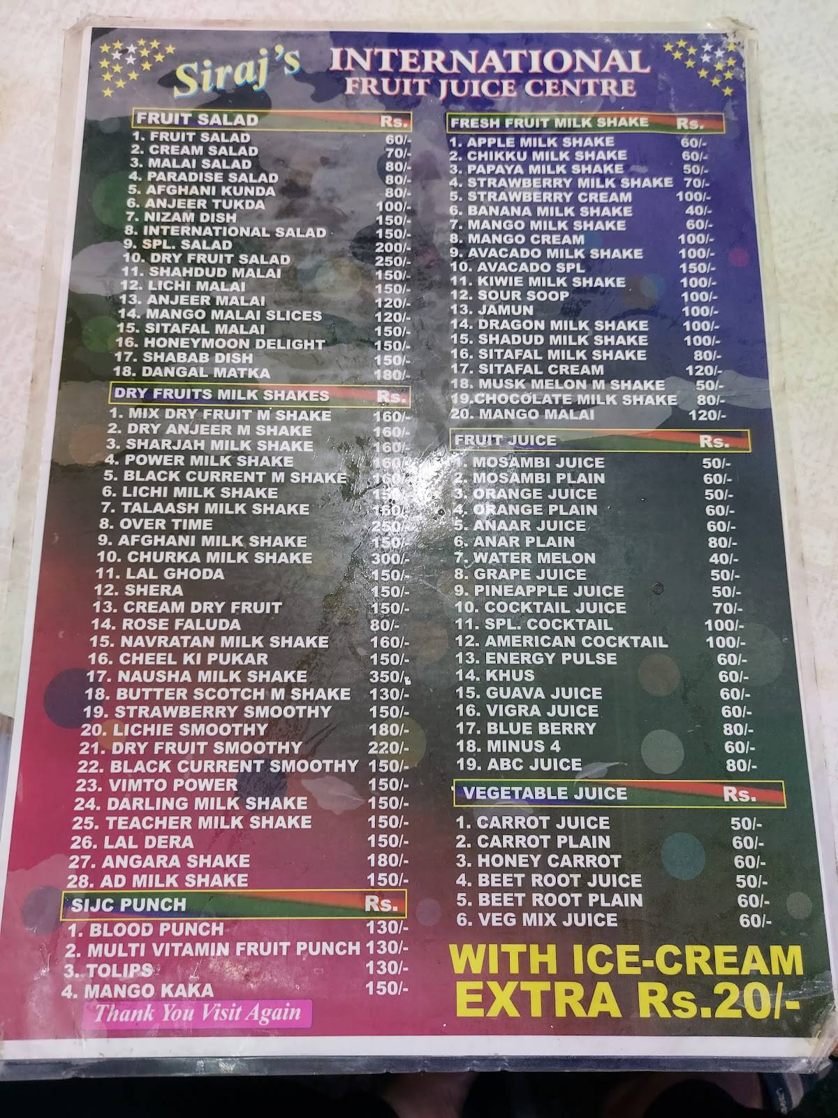 Menu at Siraj's International Juice Center, Hyderabad