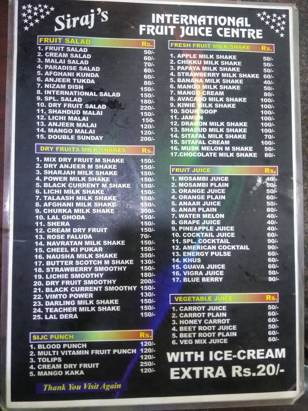 Menu at Siraj's International Juice Center, Hyderabad