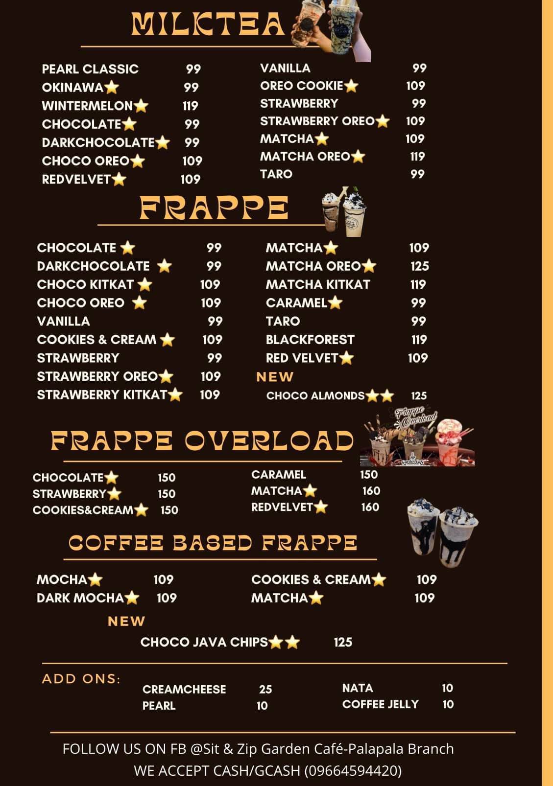 Menu at Sit And Zip Garden Cafe Pala Pala, Dasmariñas