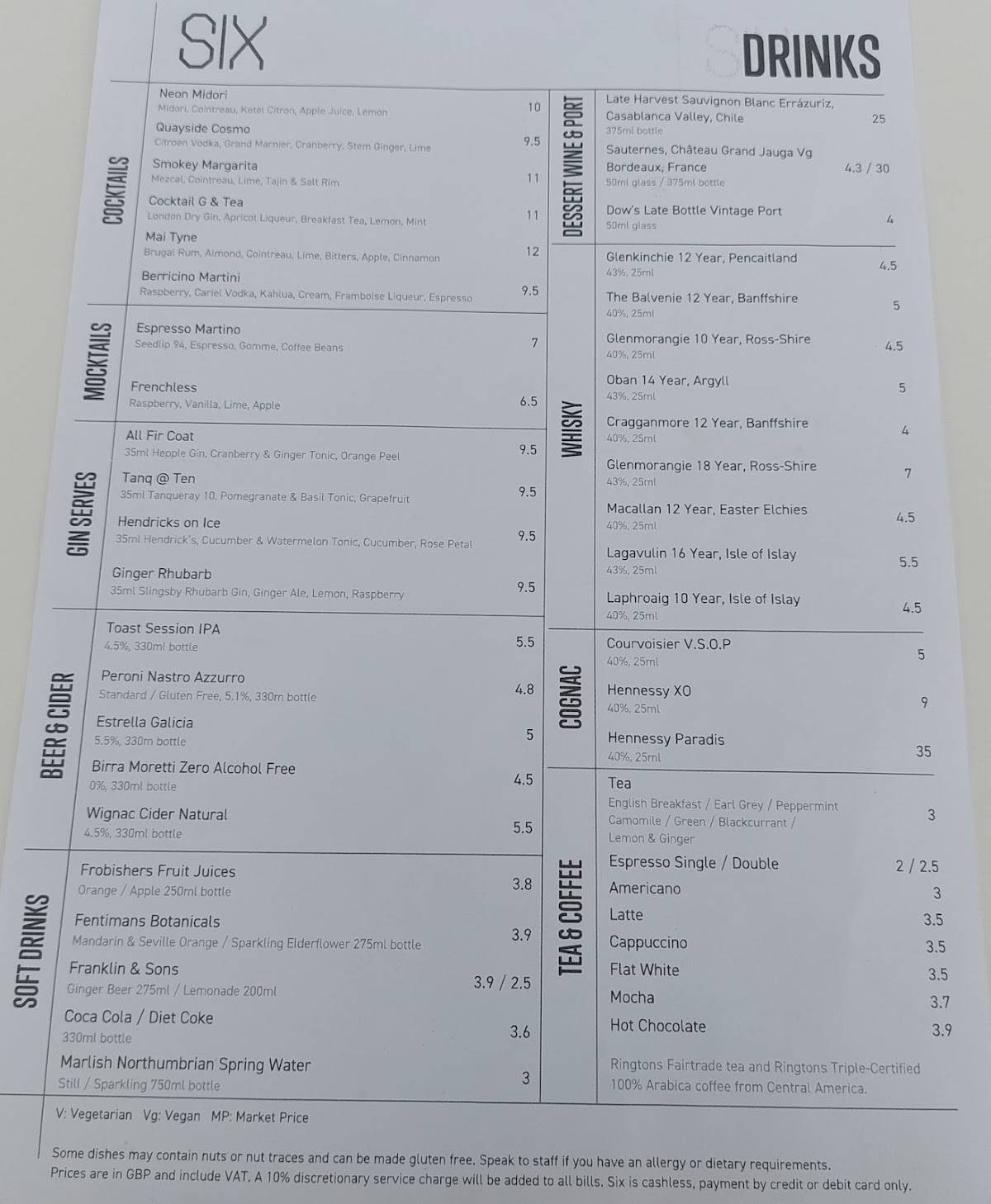Menu at SIX Rooftop at BALTIC restaurant, Gateshead, Quays