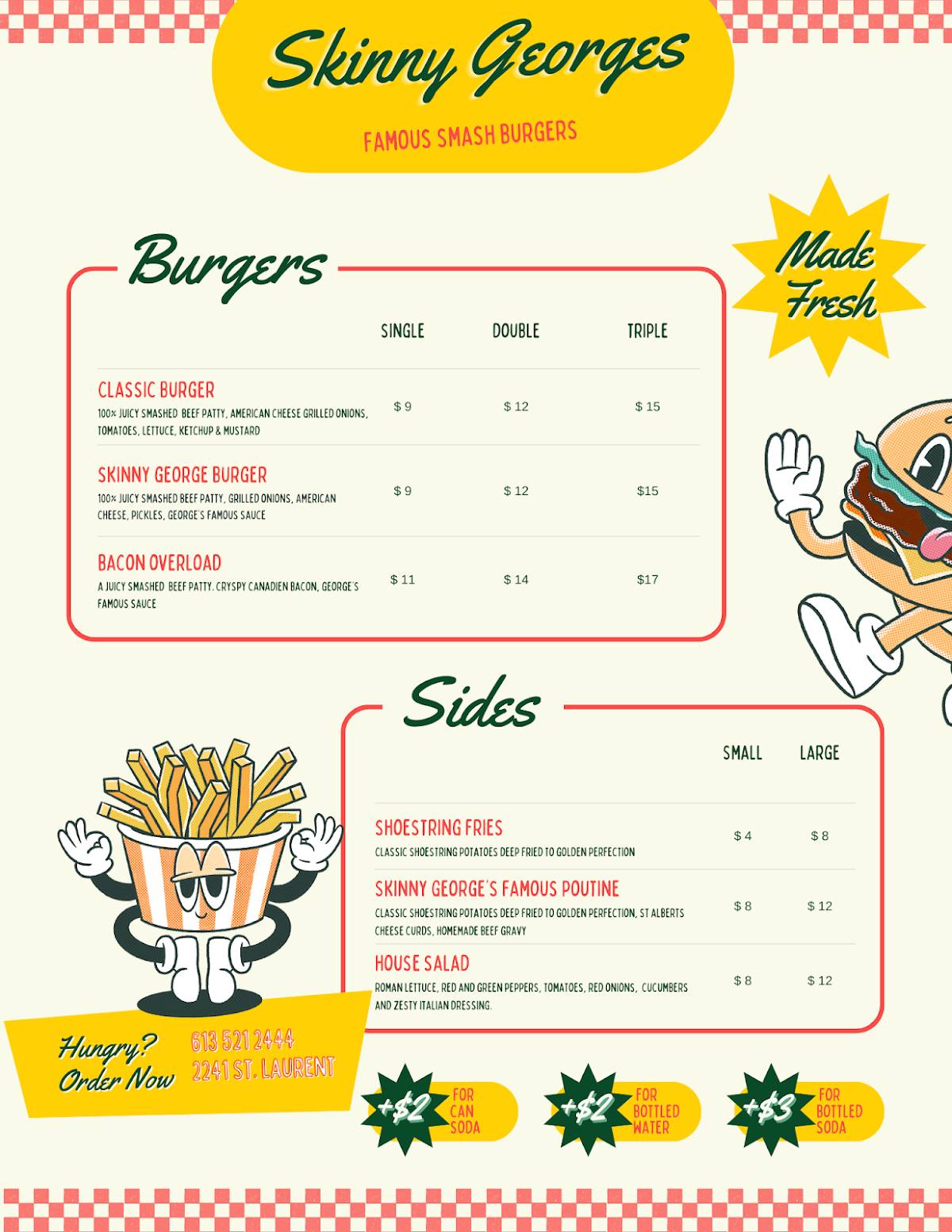 Menu at Skinny George's Smash Burgers restaurant, Ottawa
