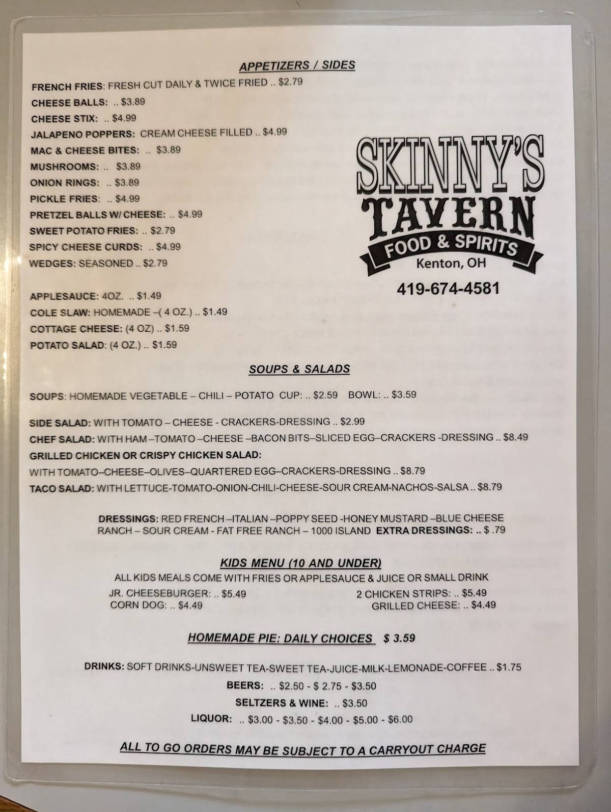 Menu at Skinny's Tavern pub & bar, Kenton
