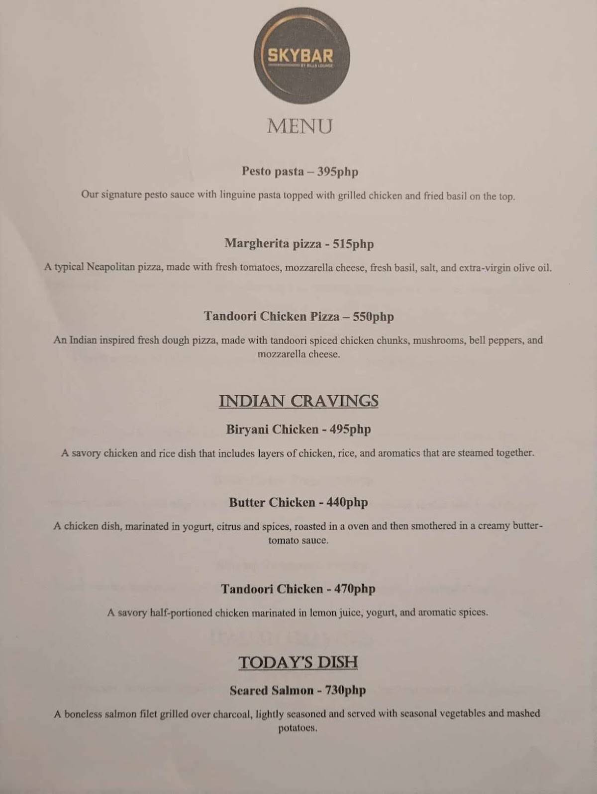 Menu at Sky Bar by Bills Lounge, Quezon City