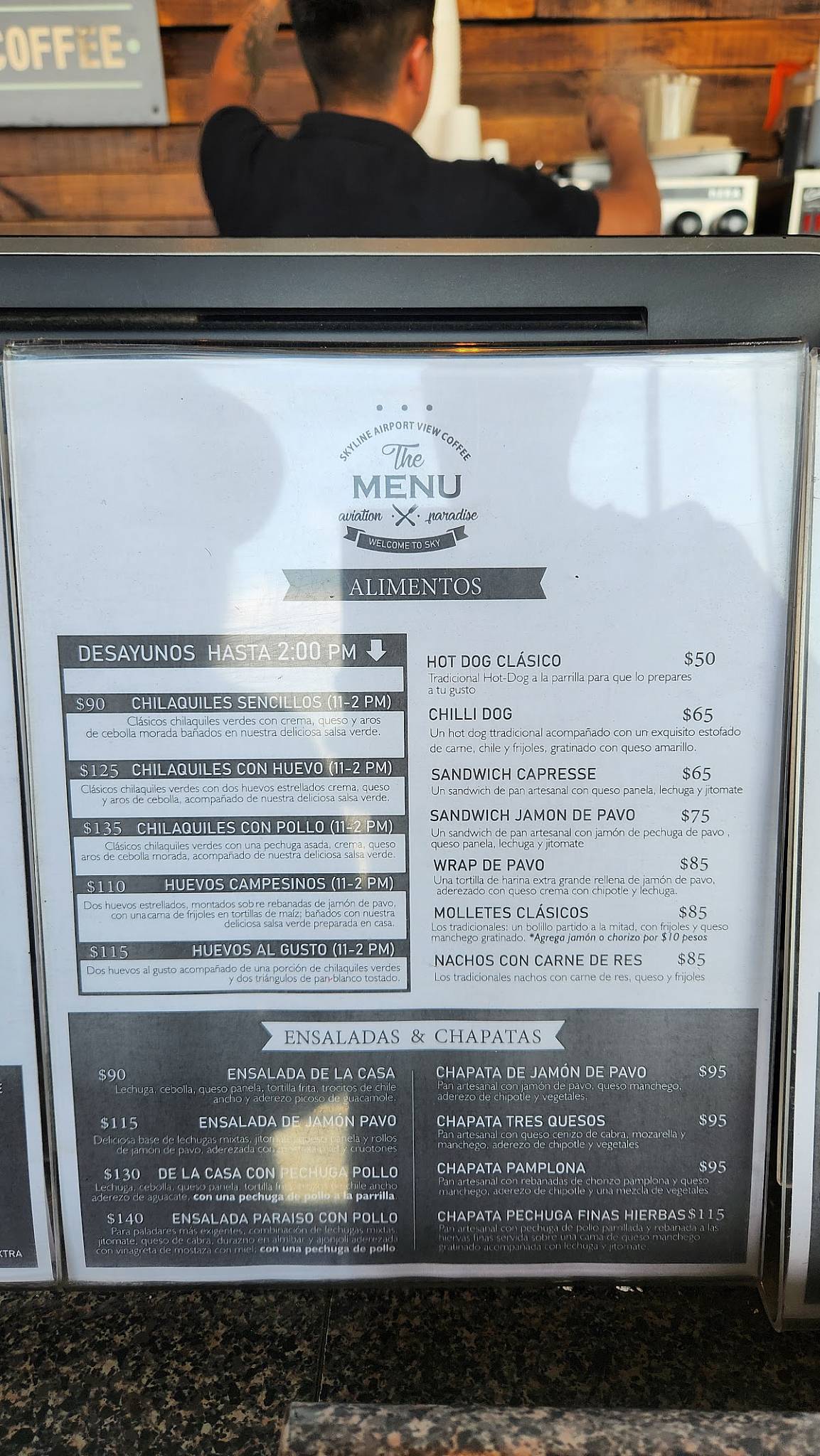 Menu at Skyline Coffee restaurant, Mexico City