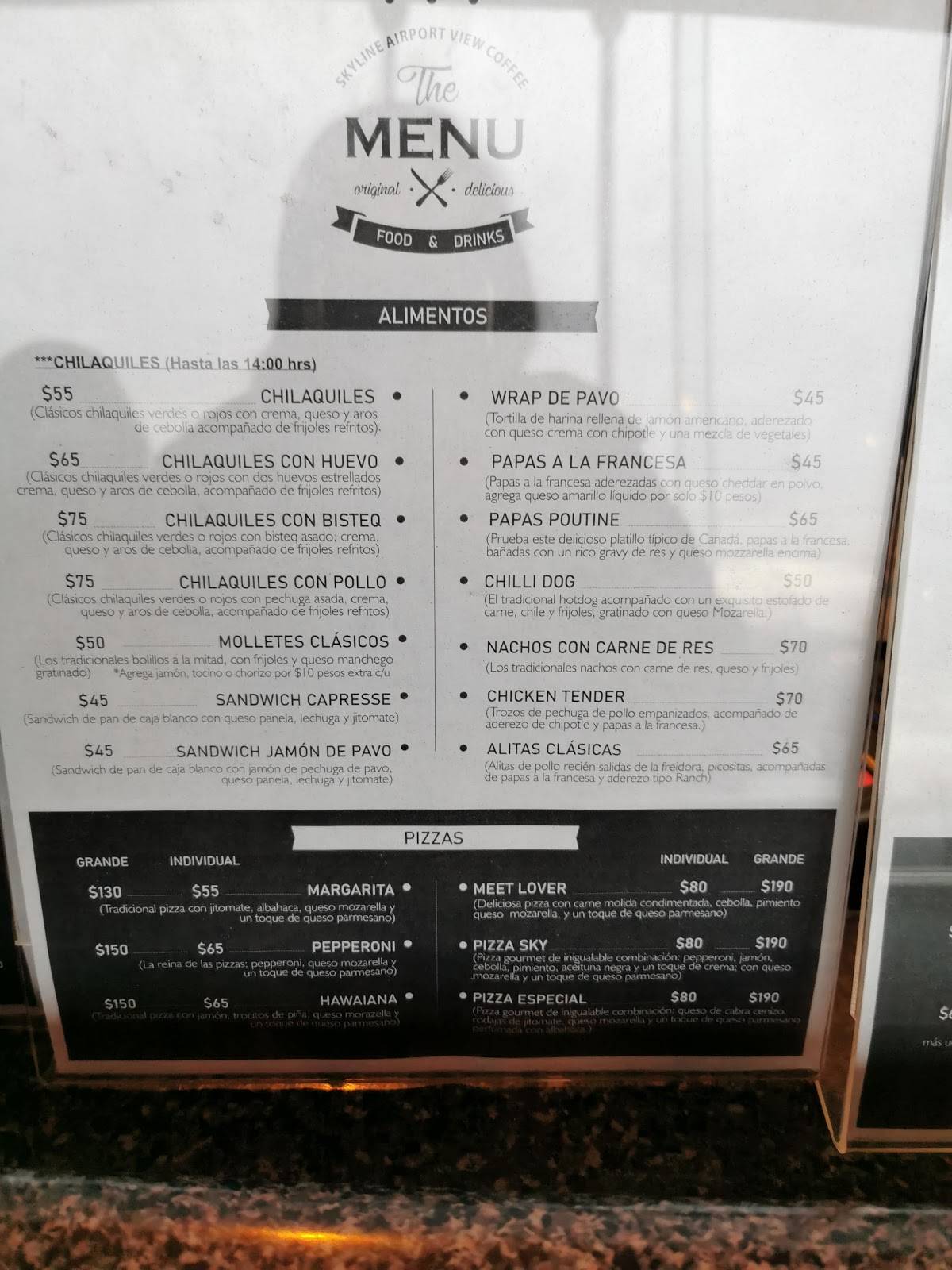 Menu at Skyline Coffee restaurant, Mexico City