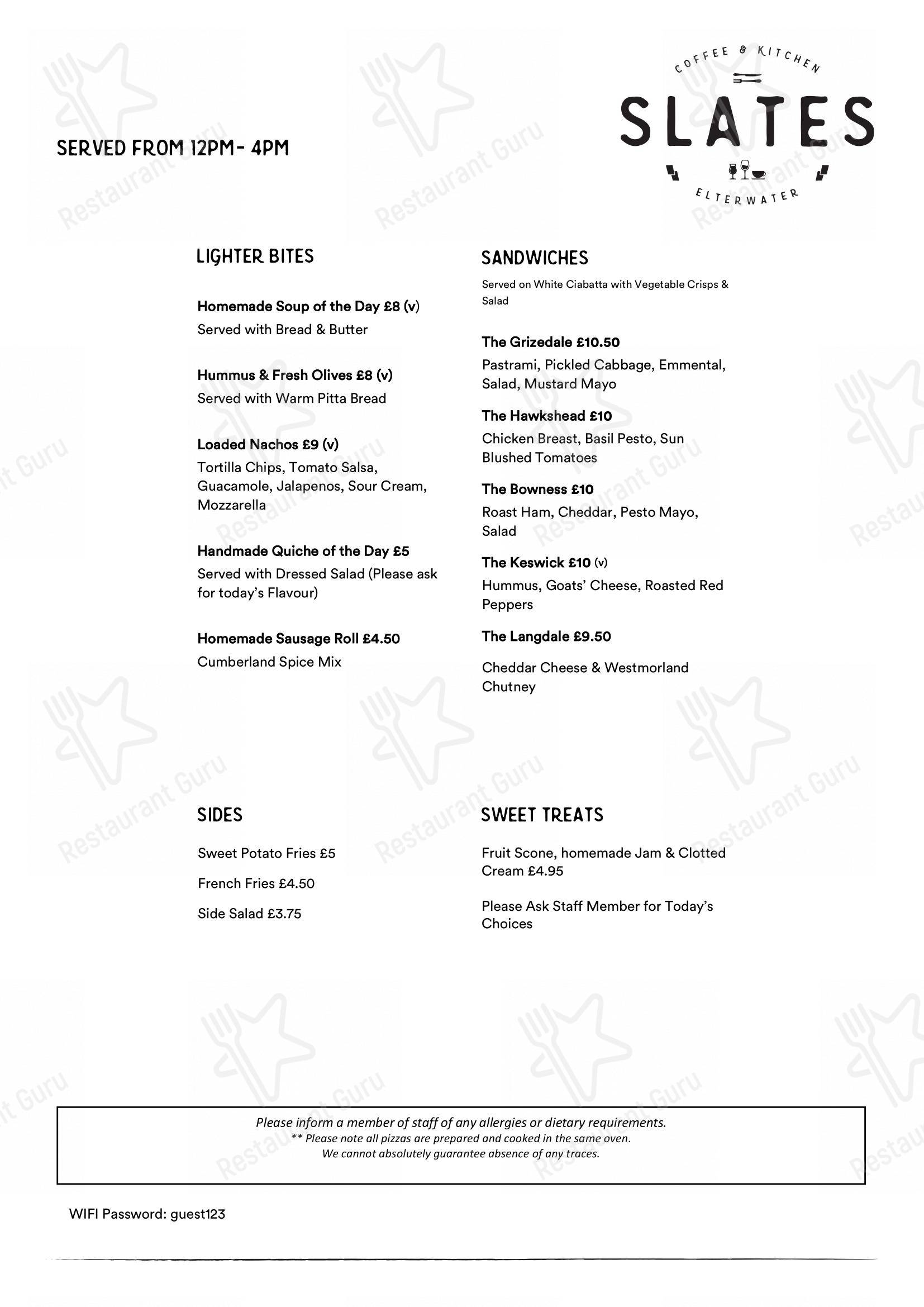 Menu at Slates Coffee & Kitchen cafe, Lakes