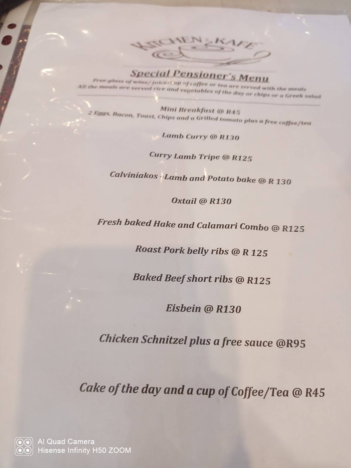 Menu at Smiling Oven restaurant, Cape Town