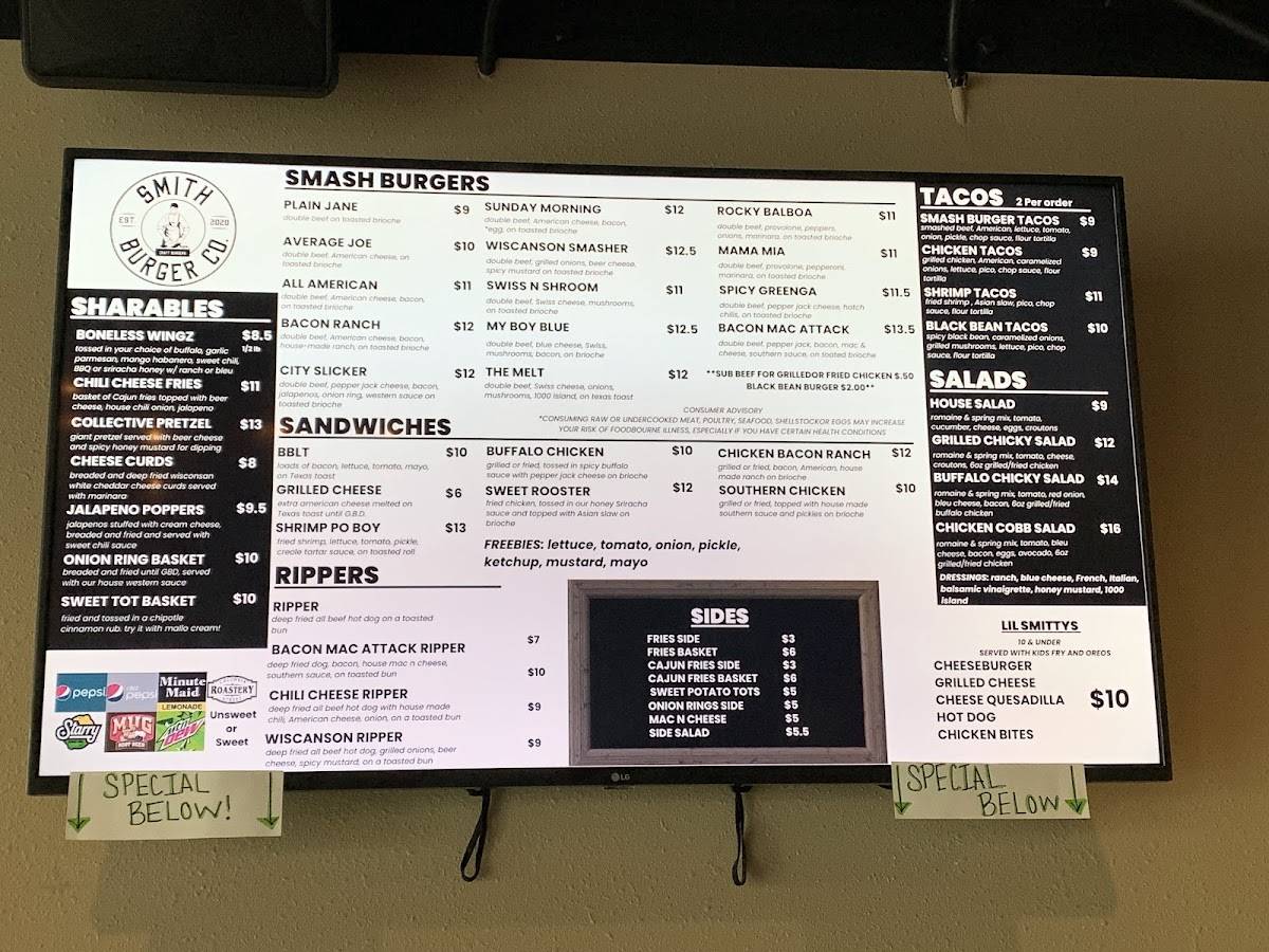 Menu at Smith Burger Company restaurant, Champaign