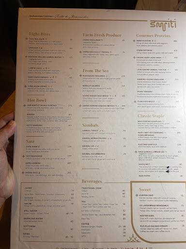 Menu at Smriti restaurant, Jakarta