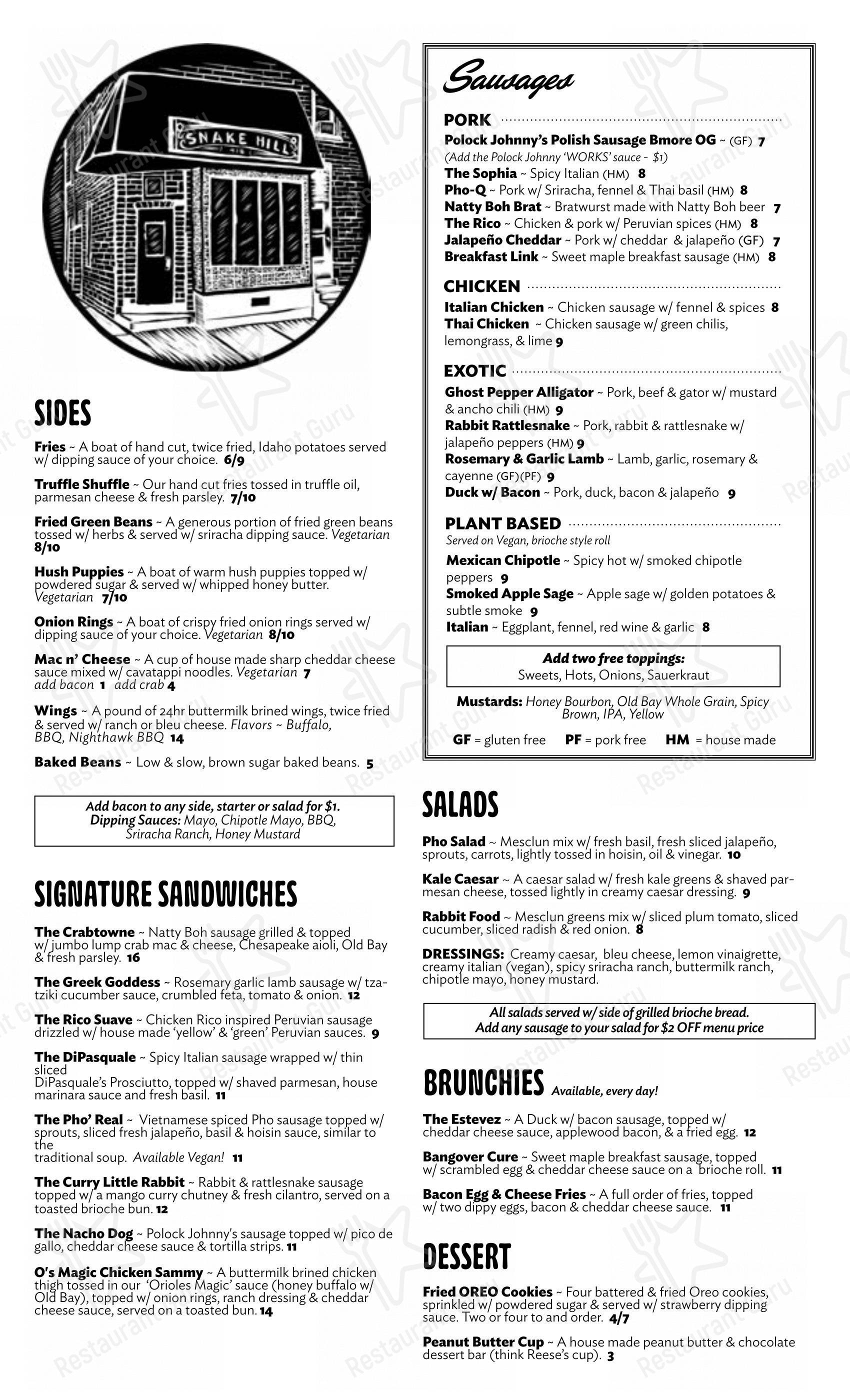 Carta del pub y bar Snake Hill, Baltimore