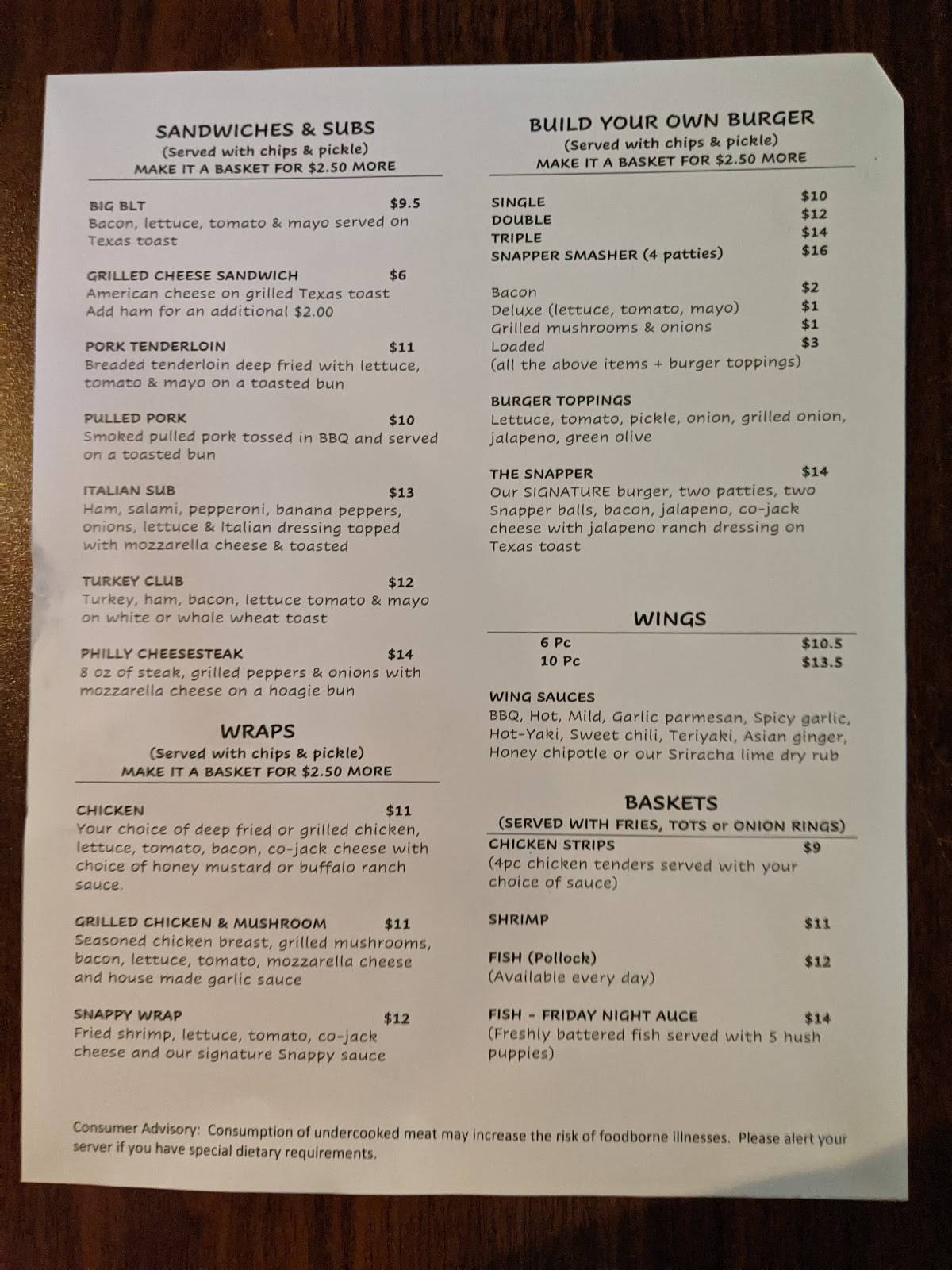 Menu at Snappers Sports Bar, Elkhart