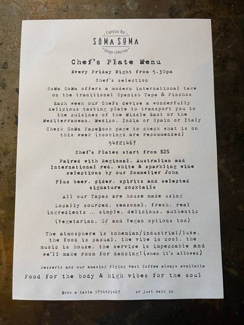 Menu at SoMa SoMa cafe, Gympie