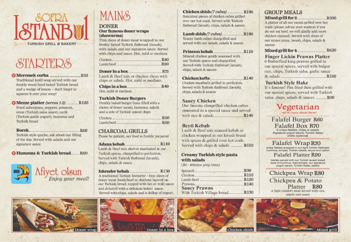 Menu at Sofra Istanbul Florida restaurant, Durban, 245 Florida Rd