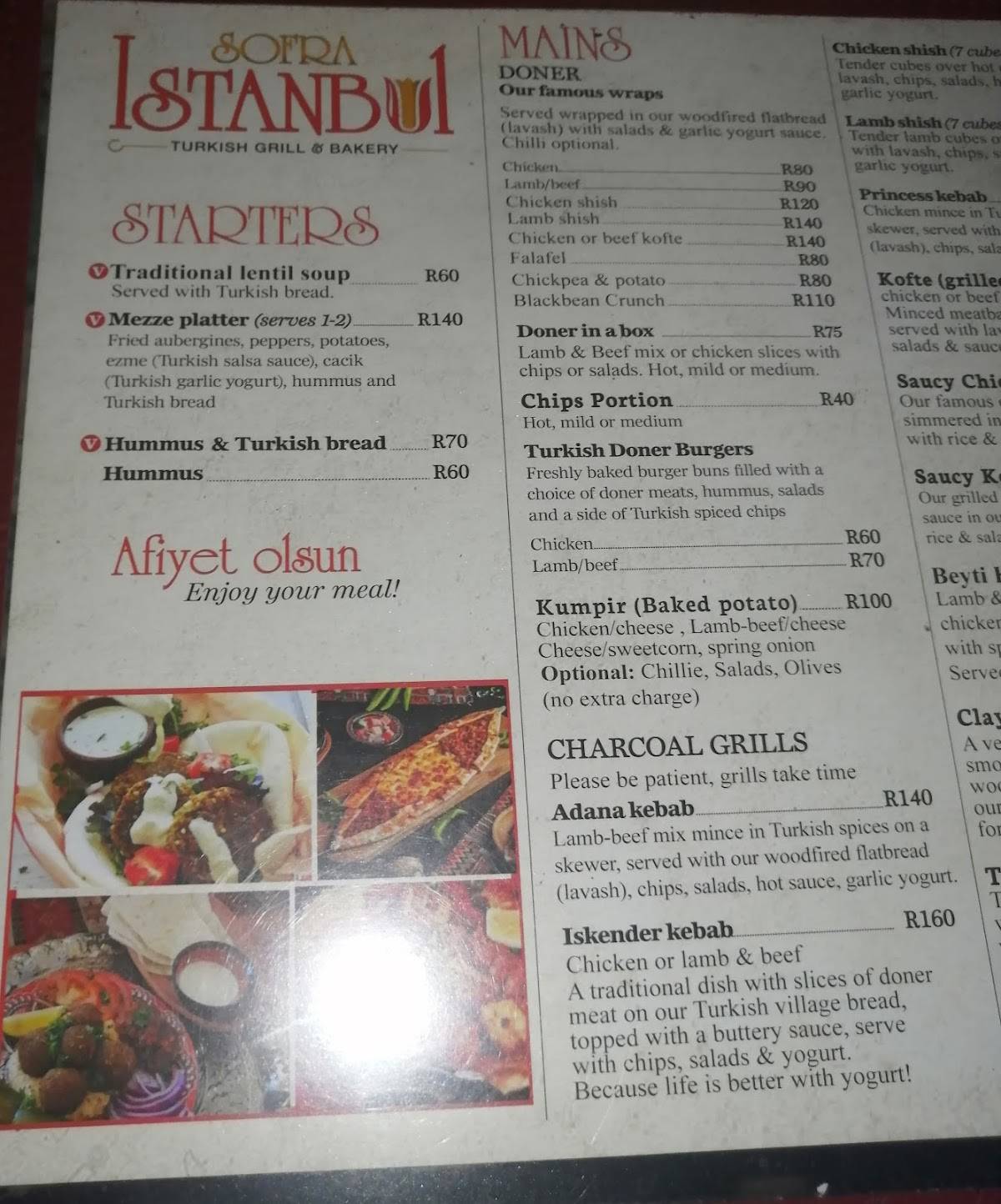 Menu at Sofra Istanbul Florida restaurant, Durban, 245 Florida Rd