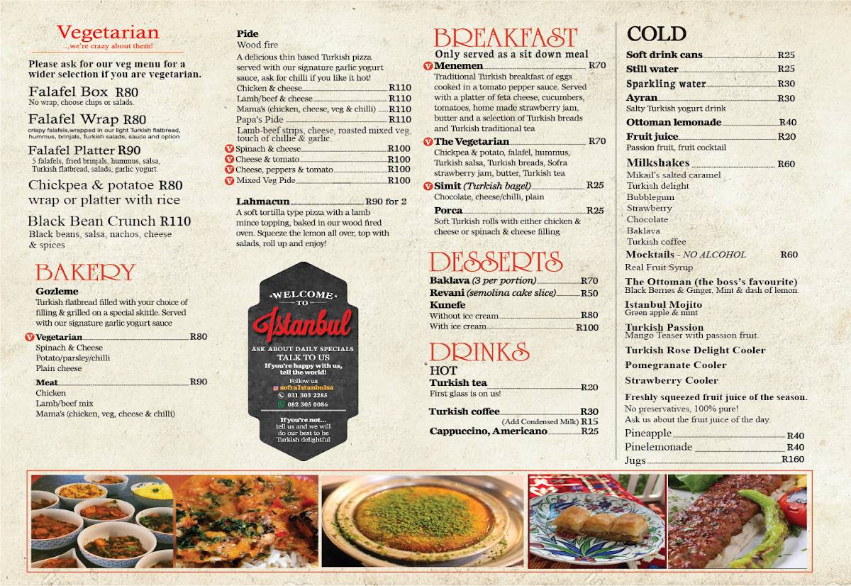 Menu at Sofra Istanbul Florida restaurant, Durban, 245 Florida Rd