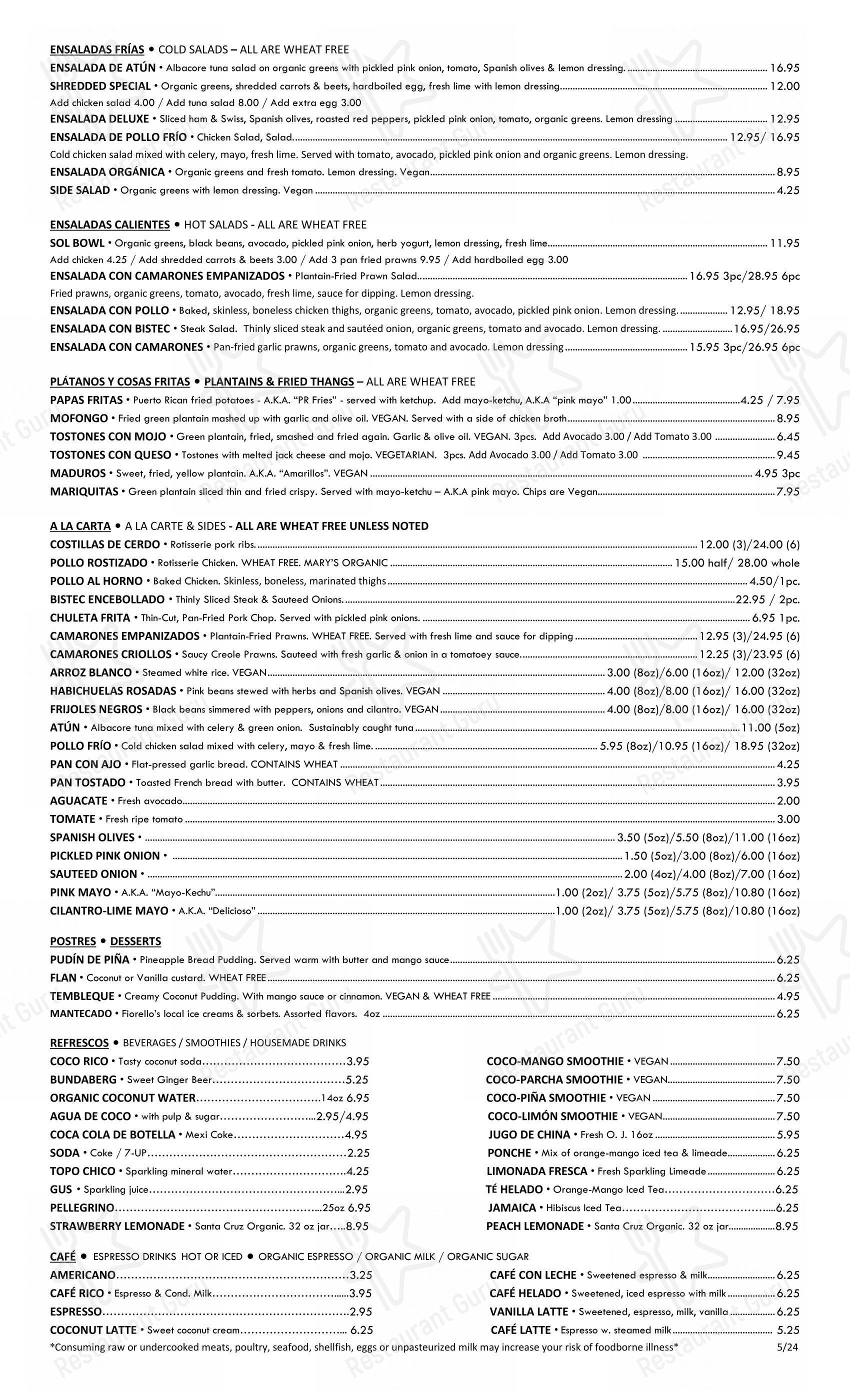 Menu at Sol Food restaurant, San Rafael, 903 Lincoln Ave