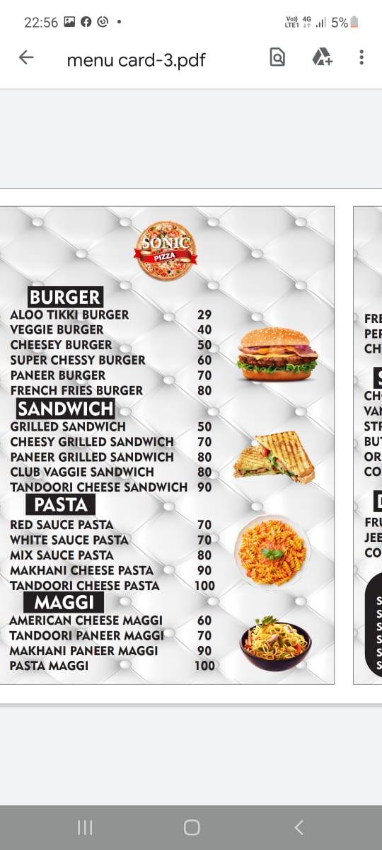Menu at Sonic Pizza, Dera Bassi