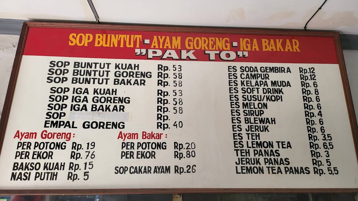 Menu at Sop Buntut, Ayam Goreng & Iga Bakar Pak To restaurant, Semarang