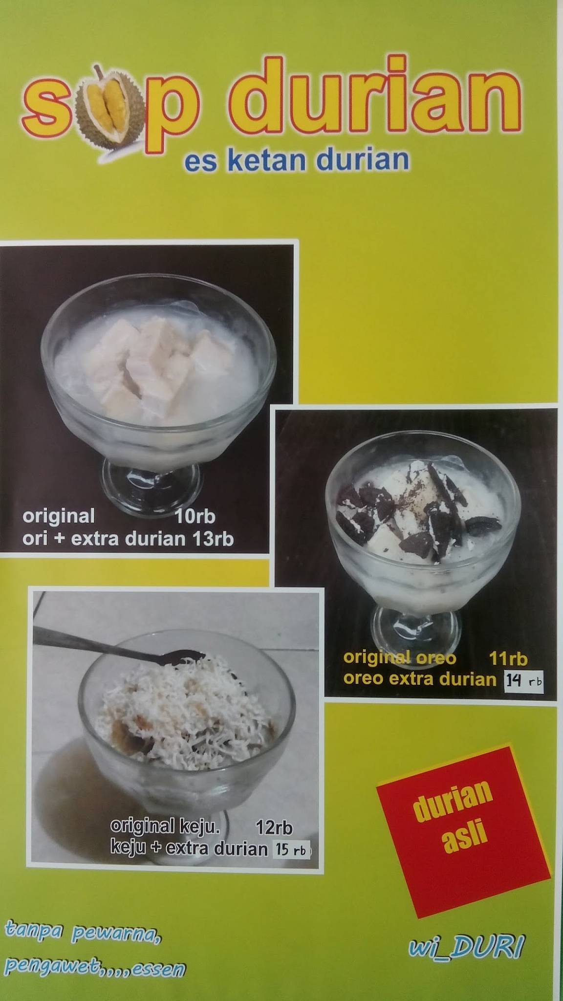 Menu at Sop Durian WIDURI restaurant, Bekasi Regency