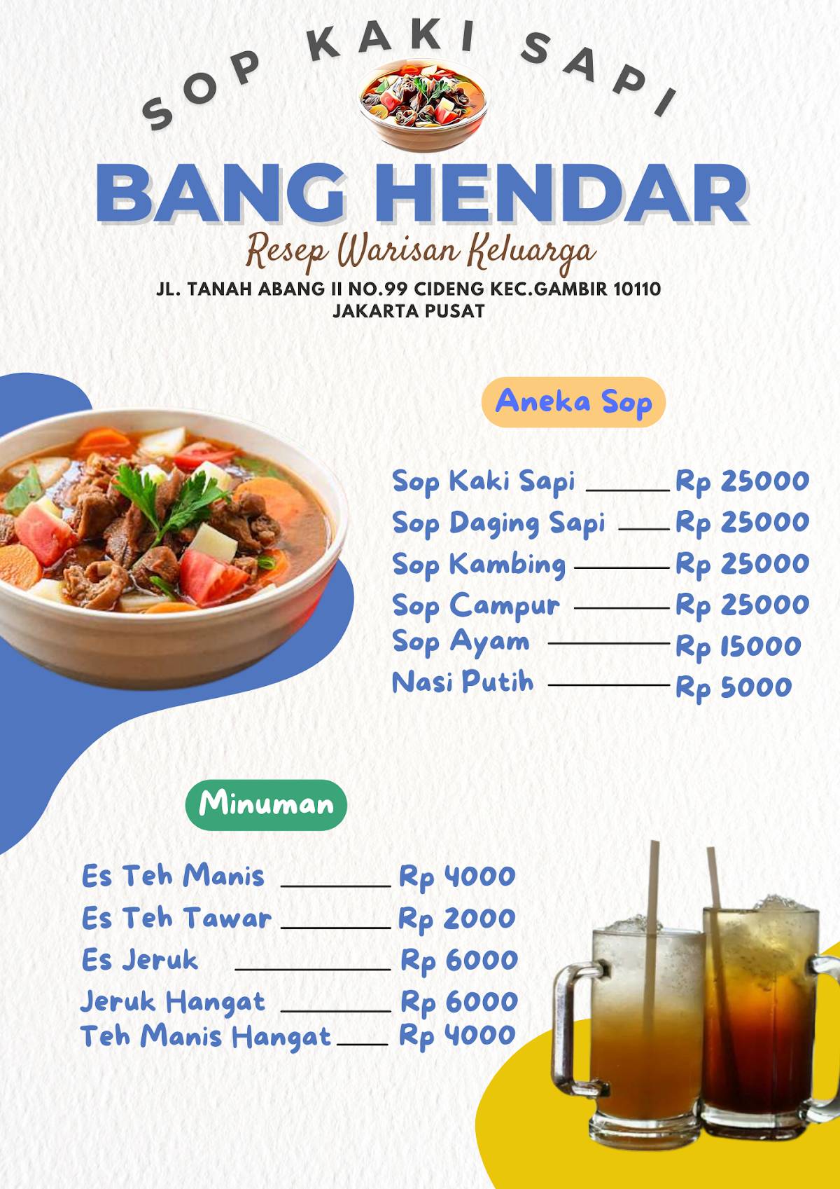 Menu at Sop Kaki Sapi Bang Hendar restaurant, Central Jakarta