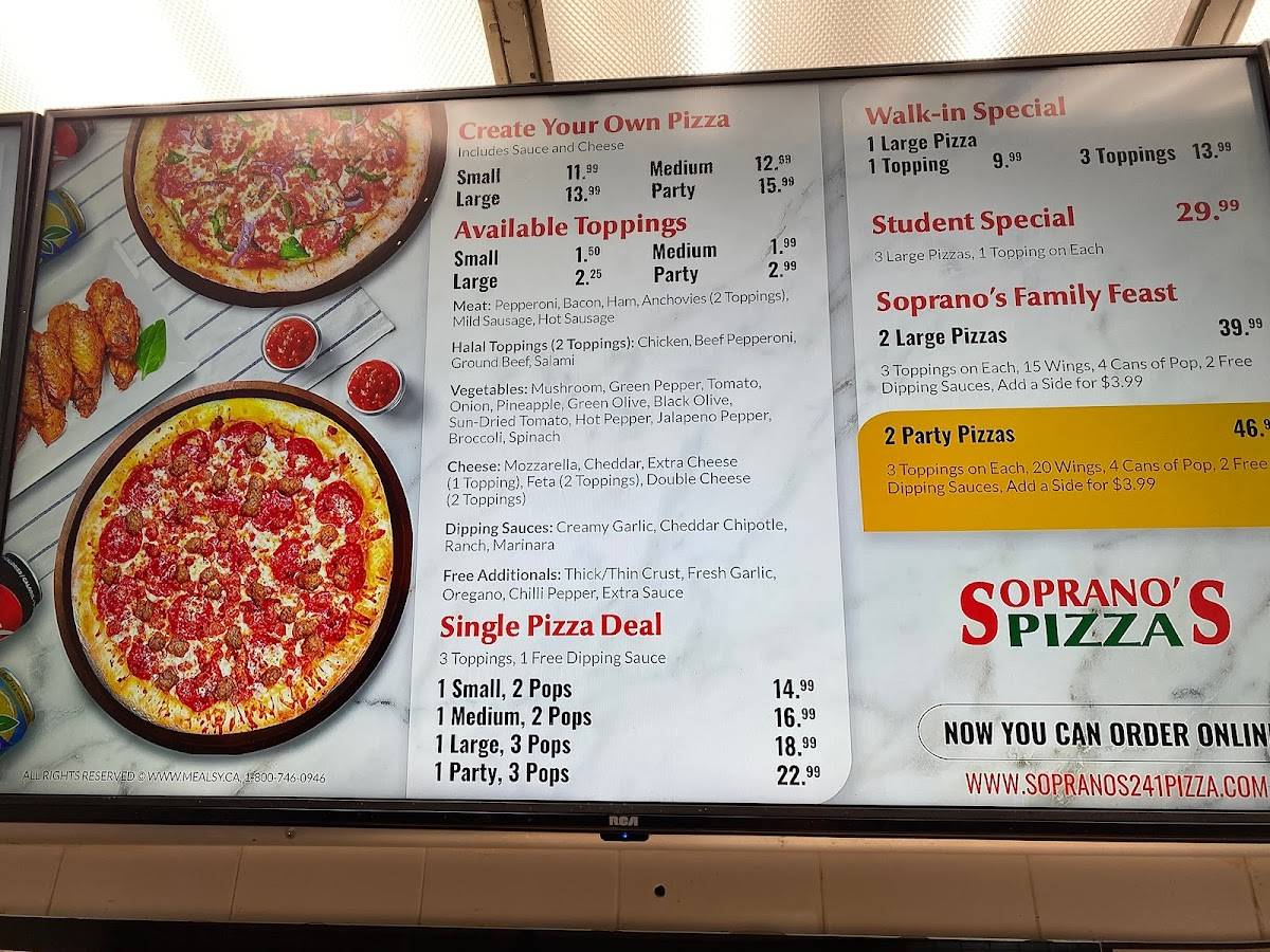 Menu at Soprano's Pizza pizzeria, London, 941 Oxford St E