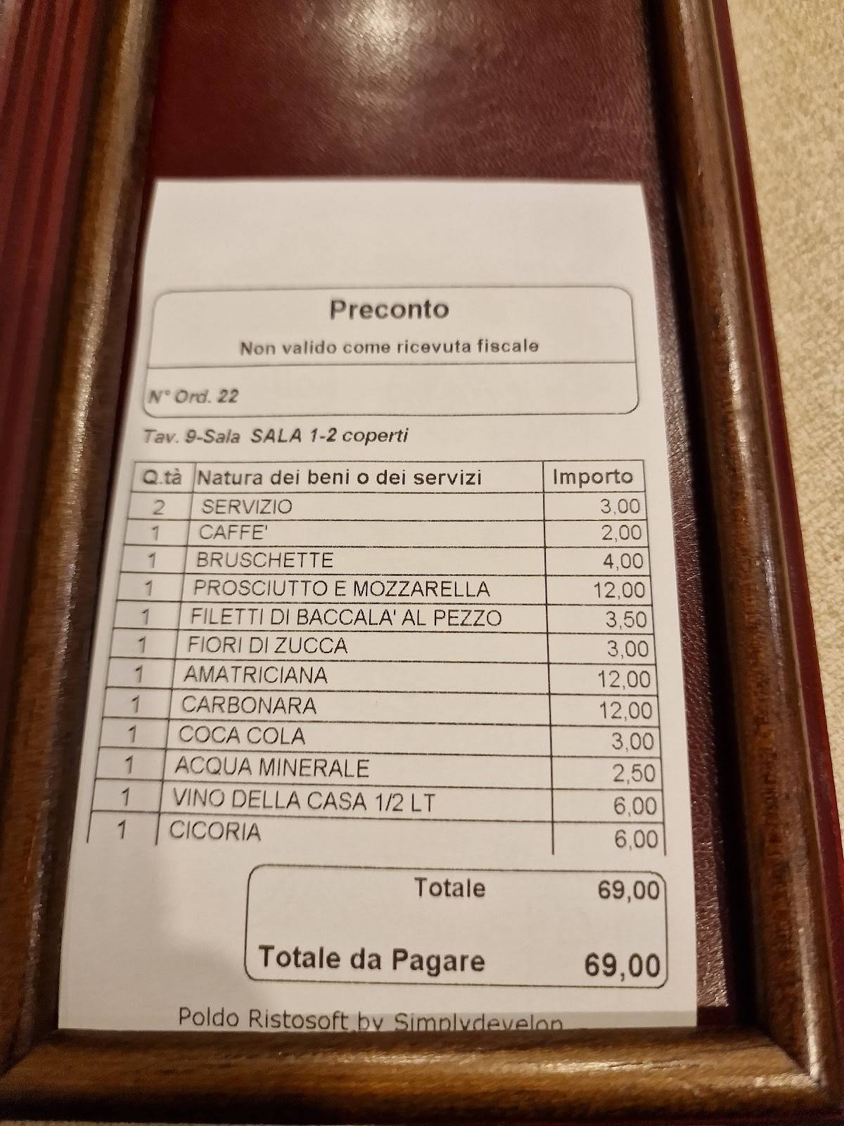 Menu at Sora Lucia restaurant, Rome