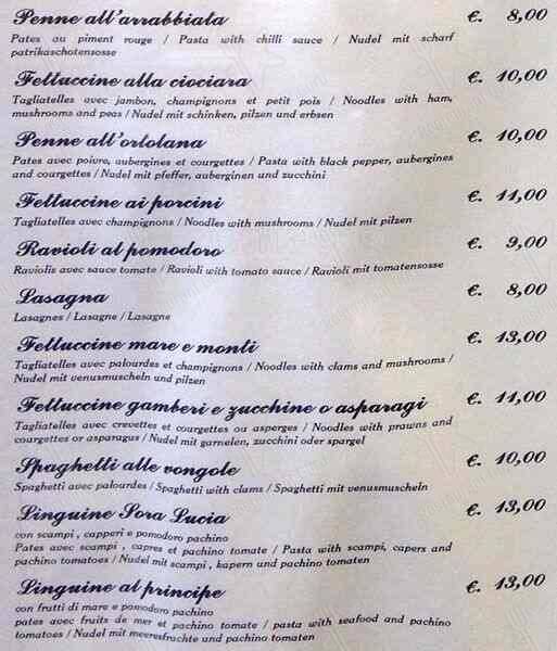 Menu at Sora Lucia restaurant, Rome
