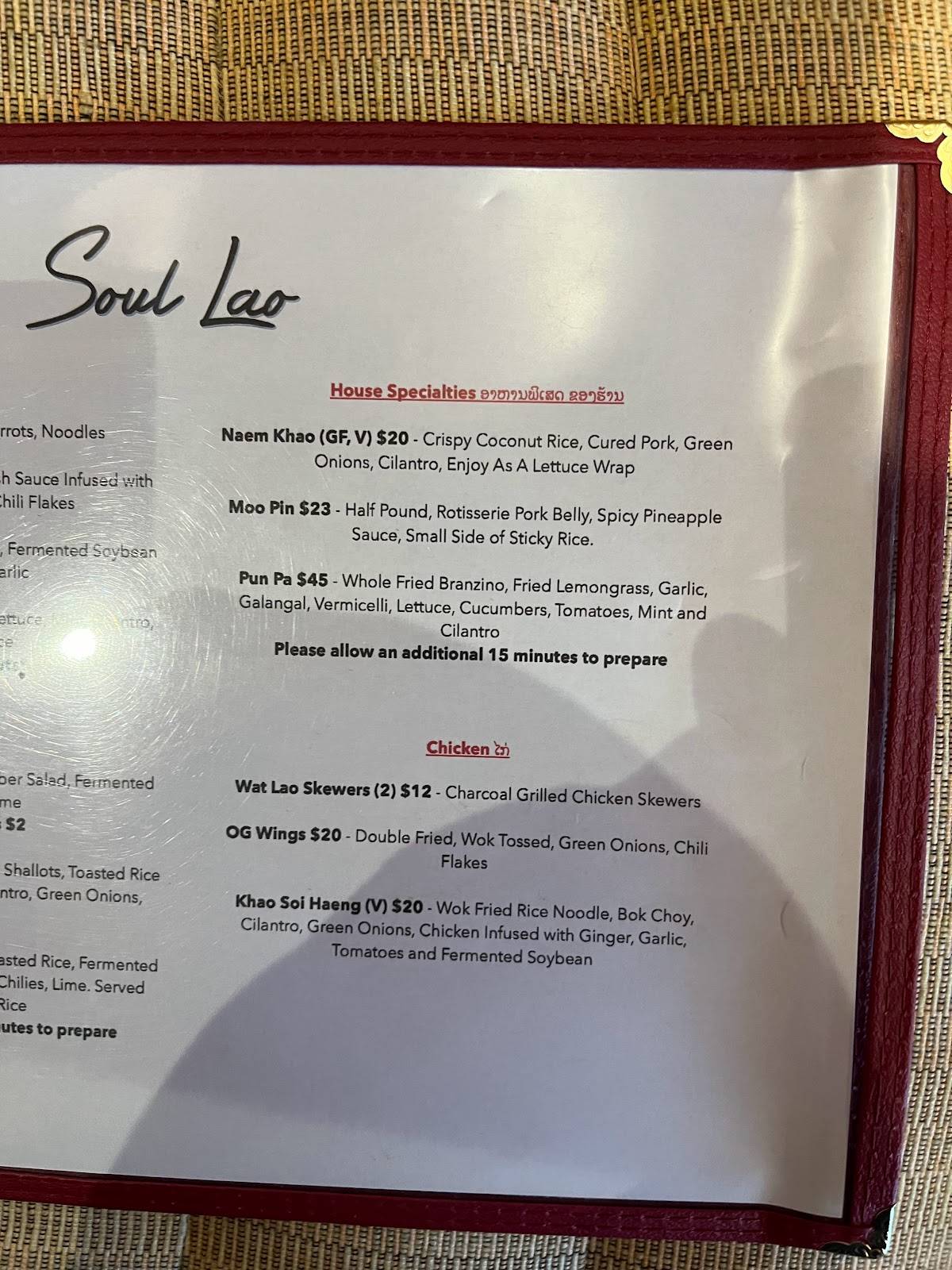 Menu at Soul Lao pub & bar, Saint Paul