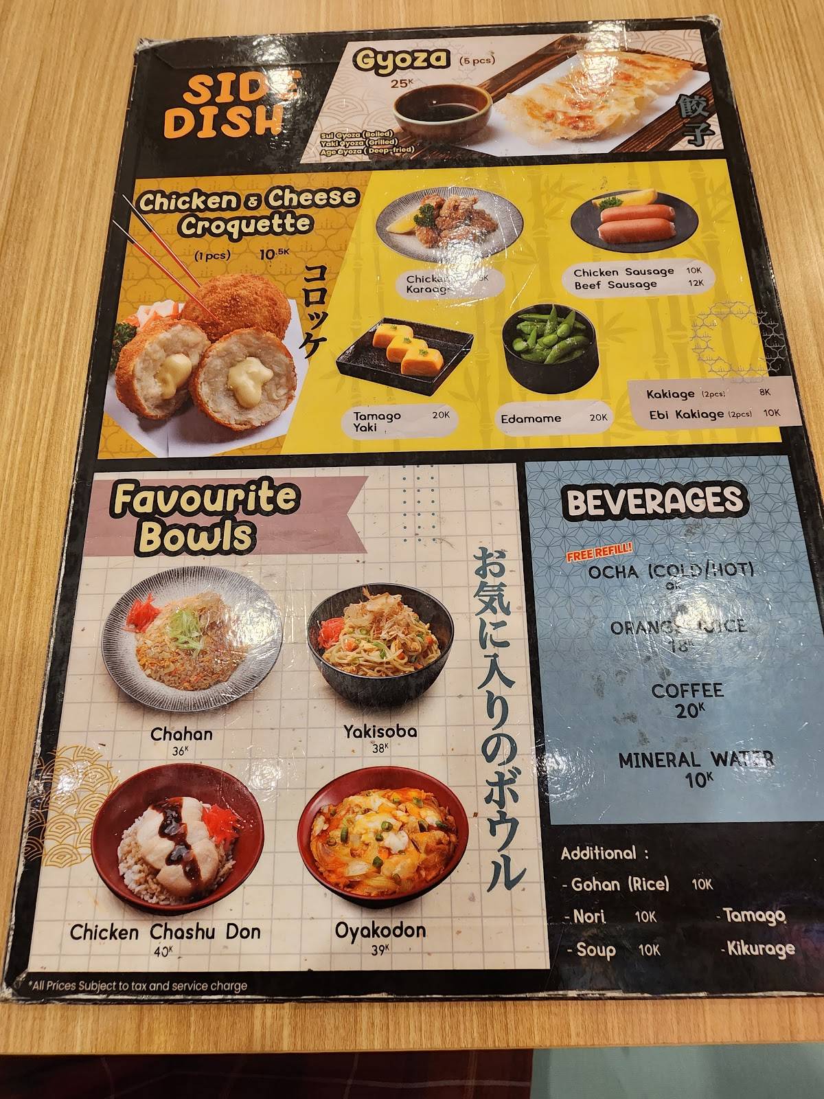 Menu at Peko Peko Ramen restaurant, South Jakarta