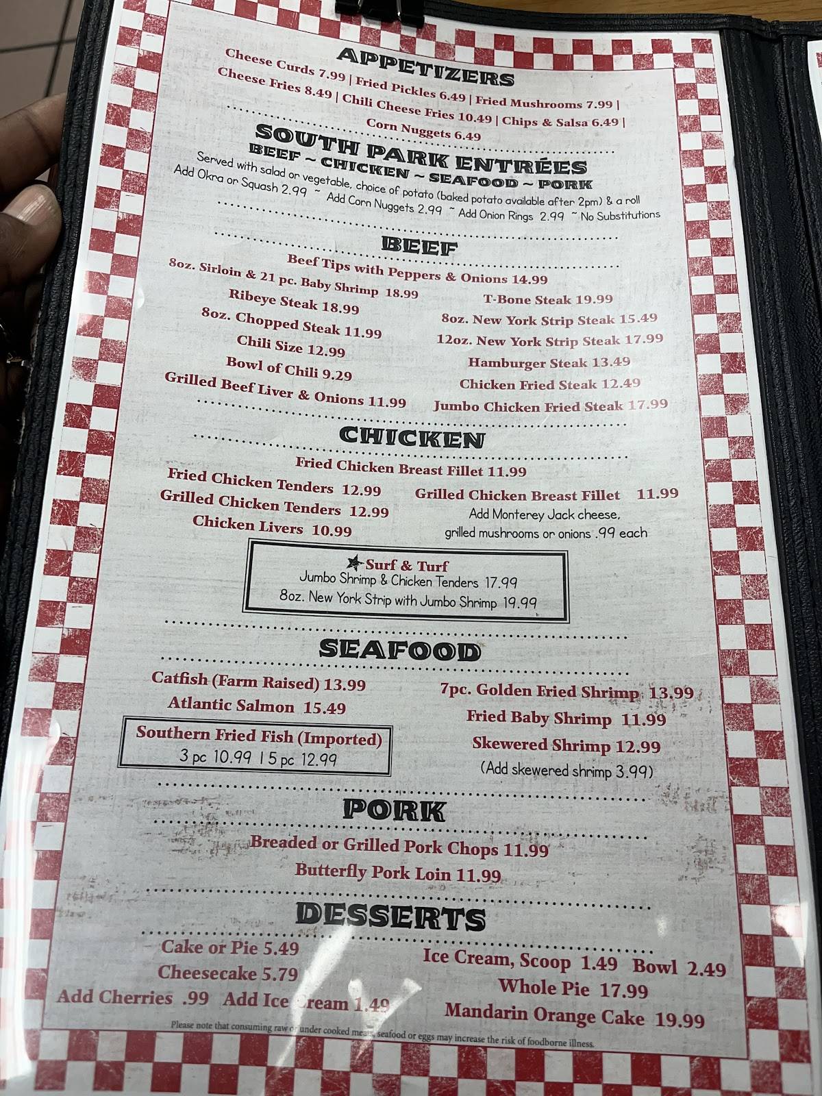 Menu at South Park Restaurant, Clarksville, S Rogers St