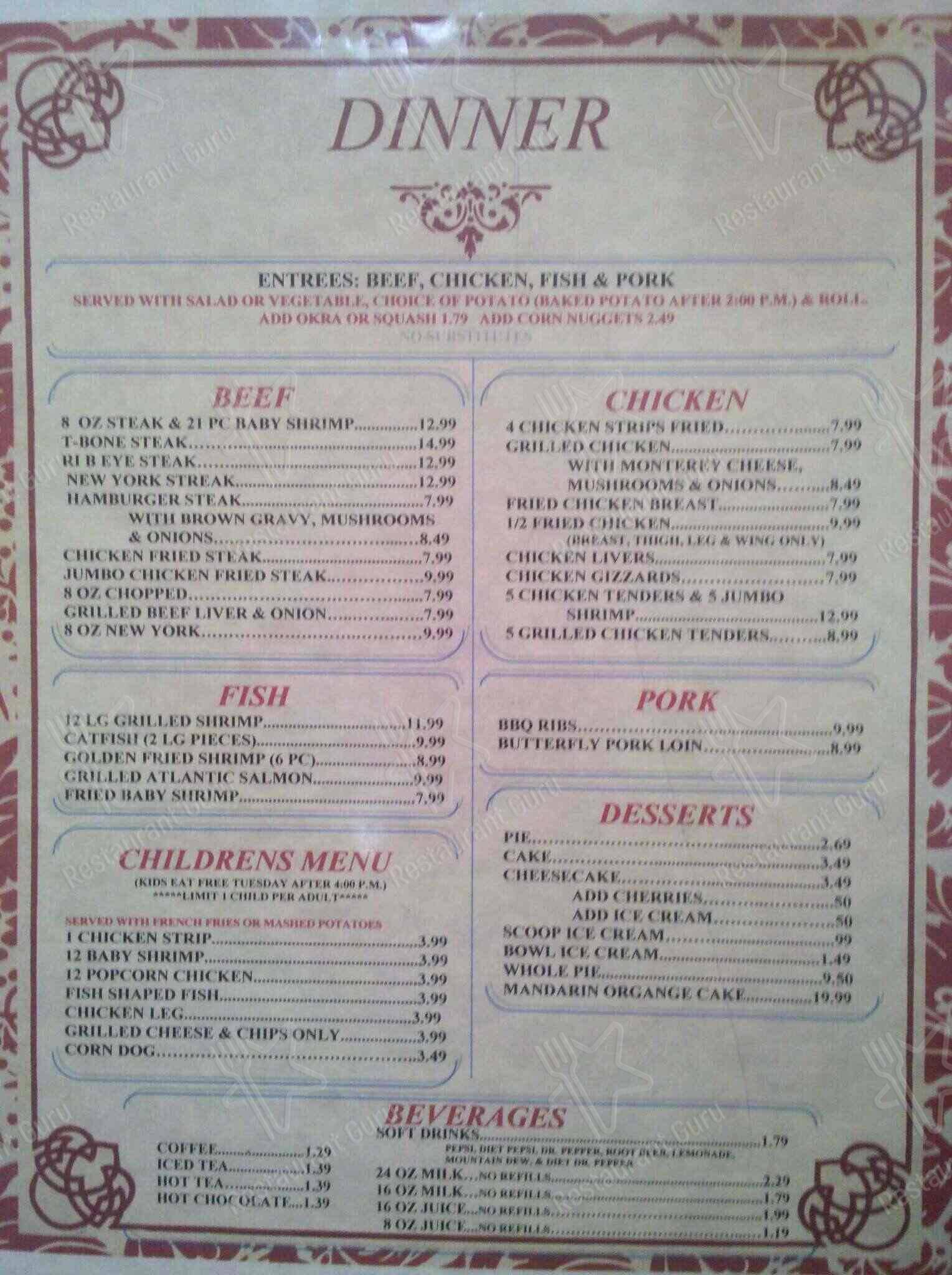 Menu at South Park Restaurant, Clarksville, S Rogers St