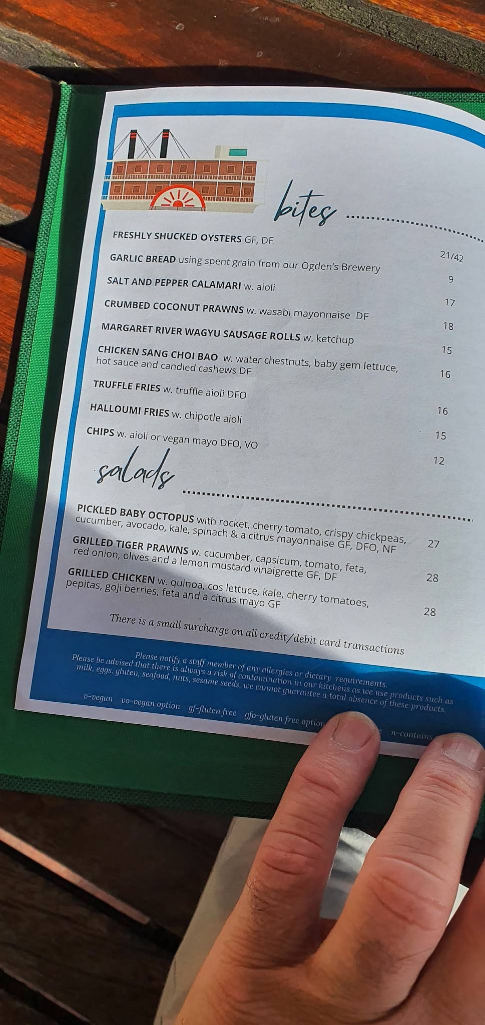Menu at The Windsor Hotel restaurant, South Perth