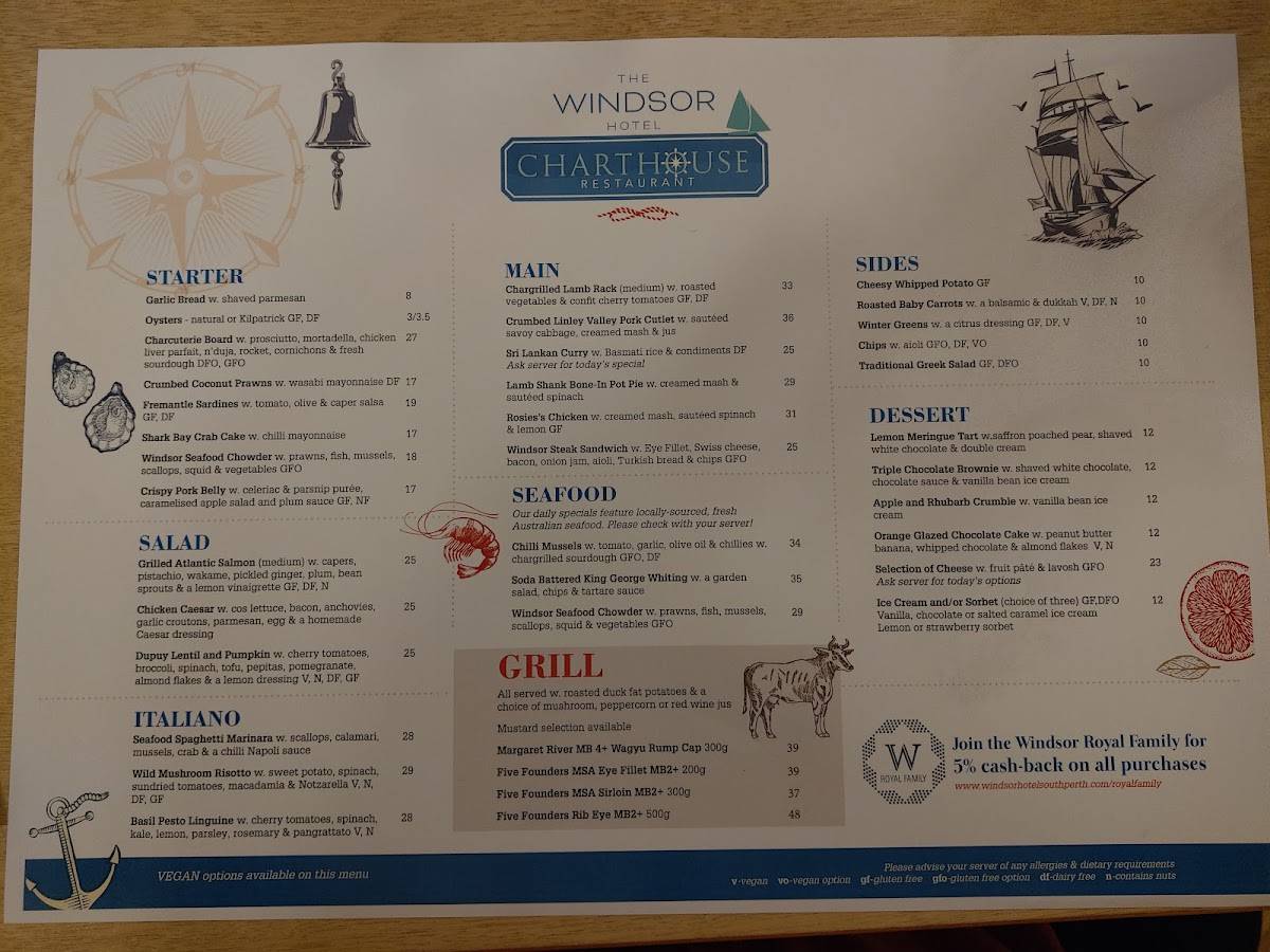 Menu at The Windsor Hotel restaurant, South Perth