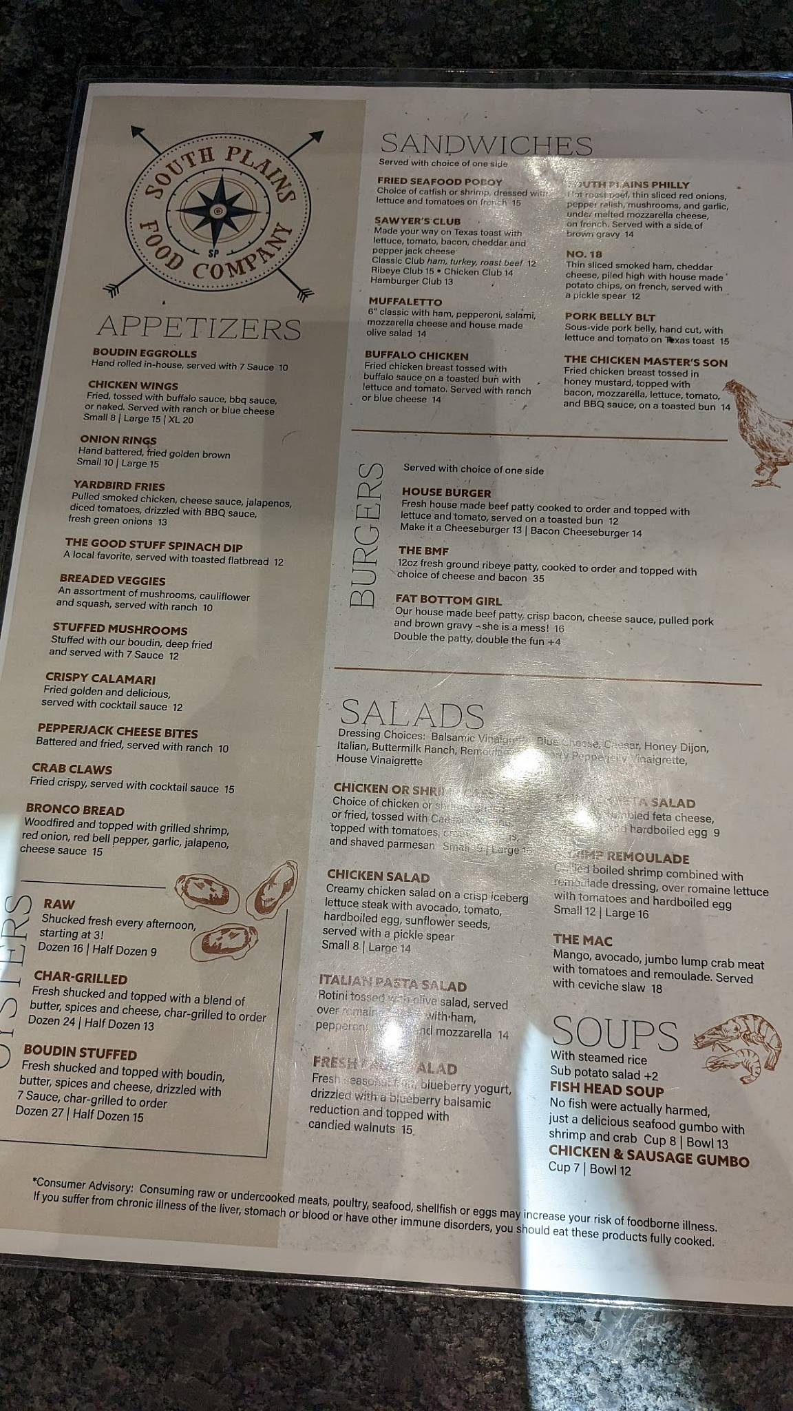 Menu at South Plains Food Company restaurant, Zachary