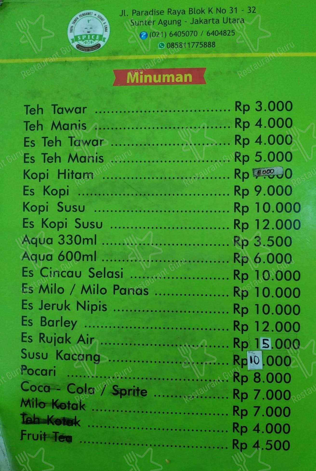 Menu at Spice Baso Ikan restaurant, North Jakarta