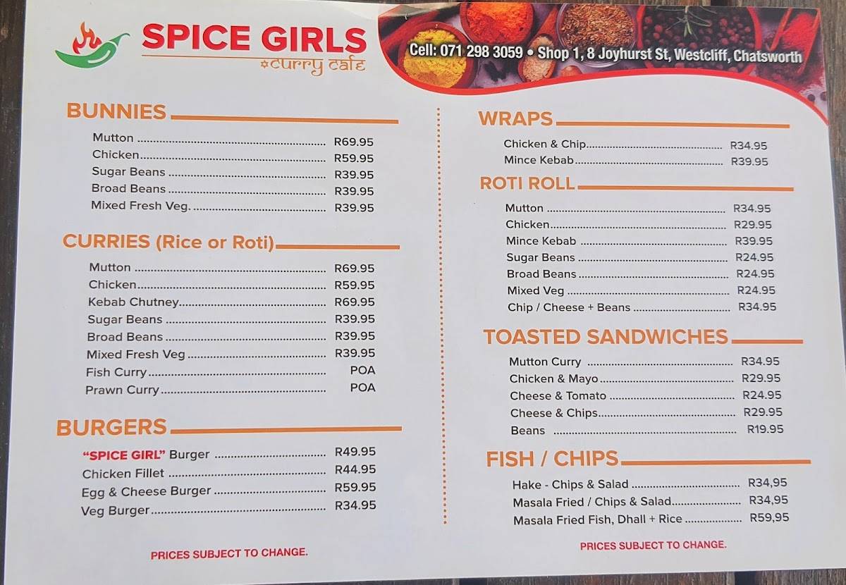 Menu at Spice Girls Curry Cafe, Durban