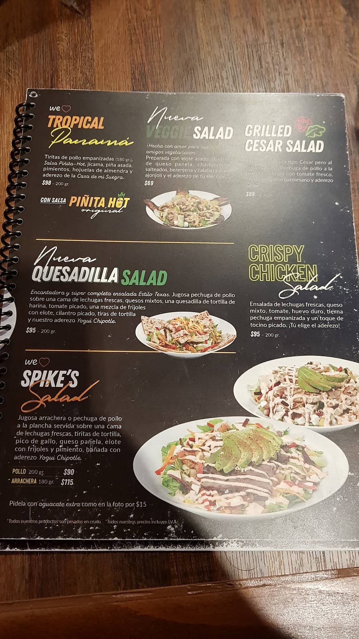 Carta del restaurante Spike's Concordia, Apodaca