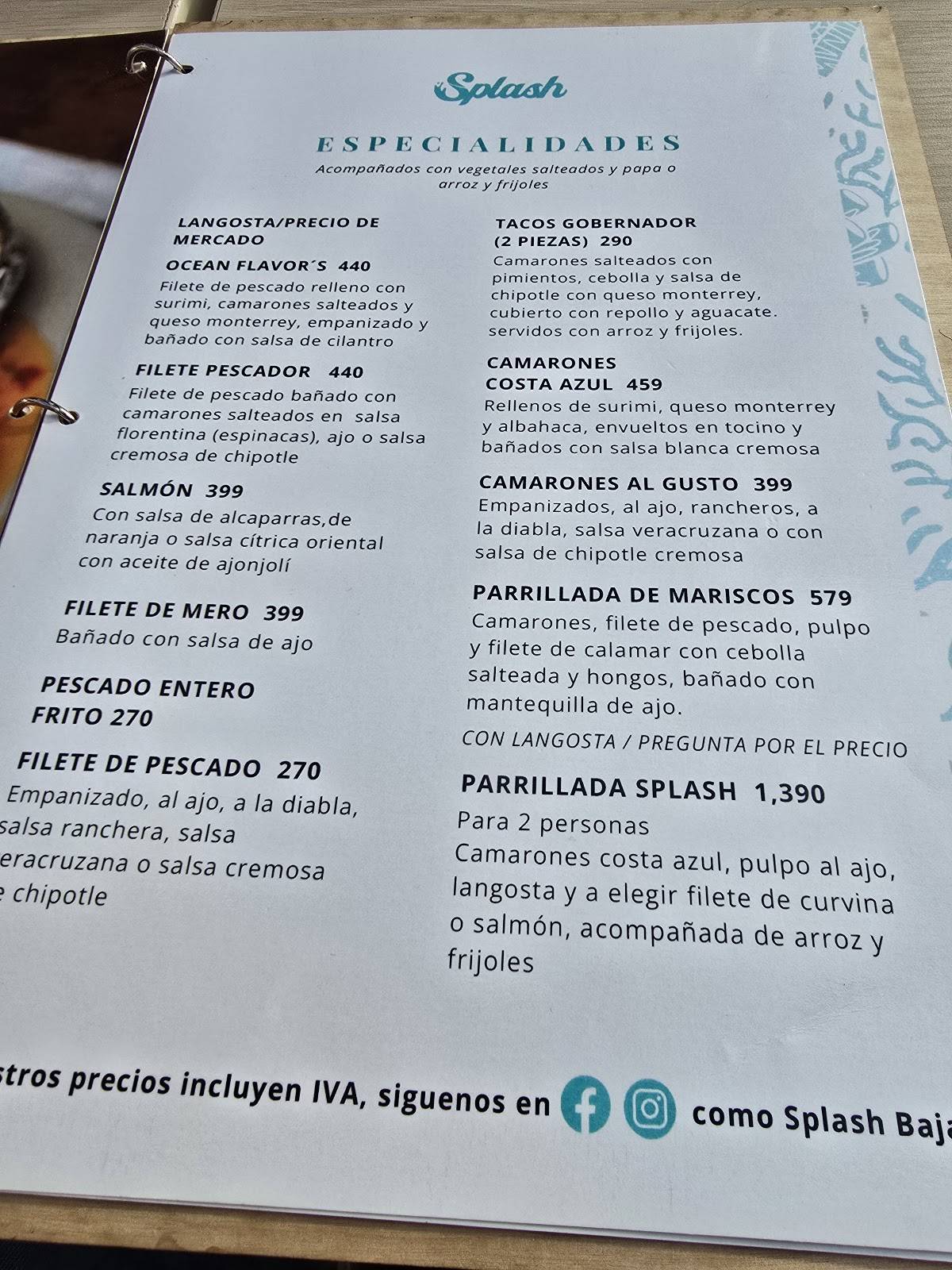 Carta del pub y bar Splash Baja, Mexico, Carretera Libre 1015-km 52.5