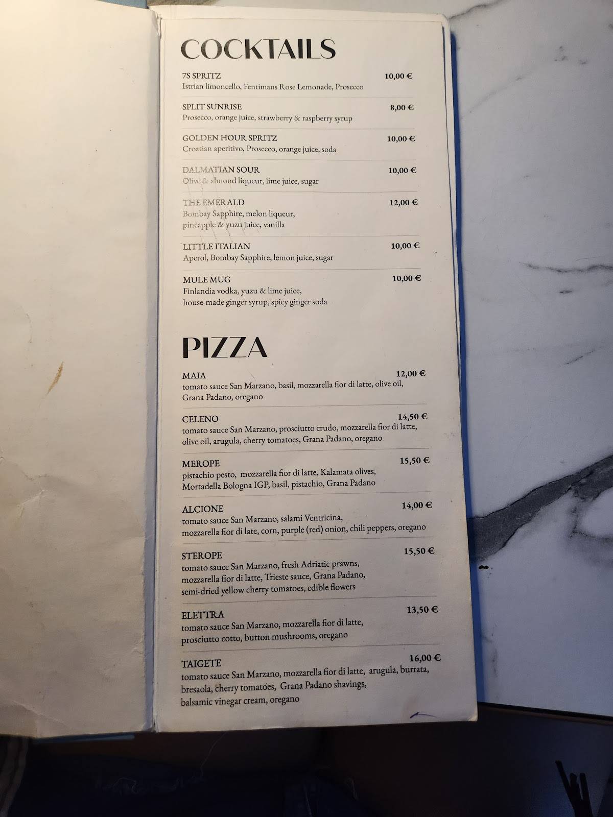 Menu at Pizzeria Sette Sorelle, Split