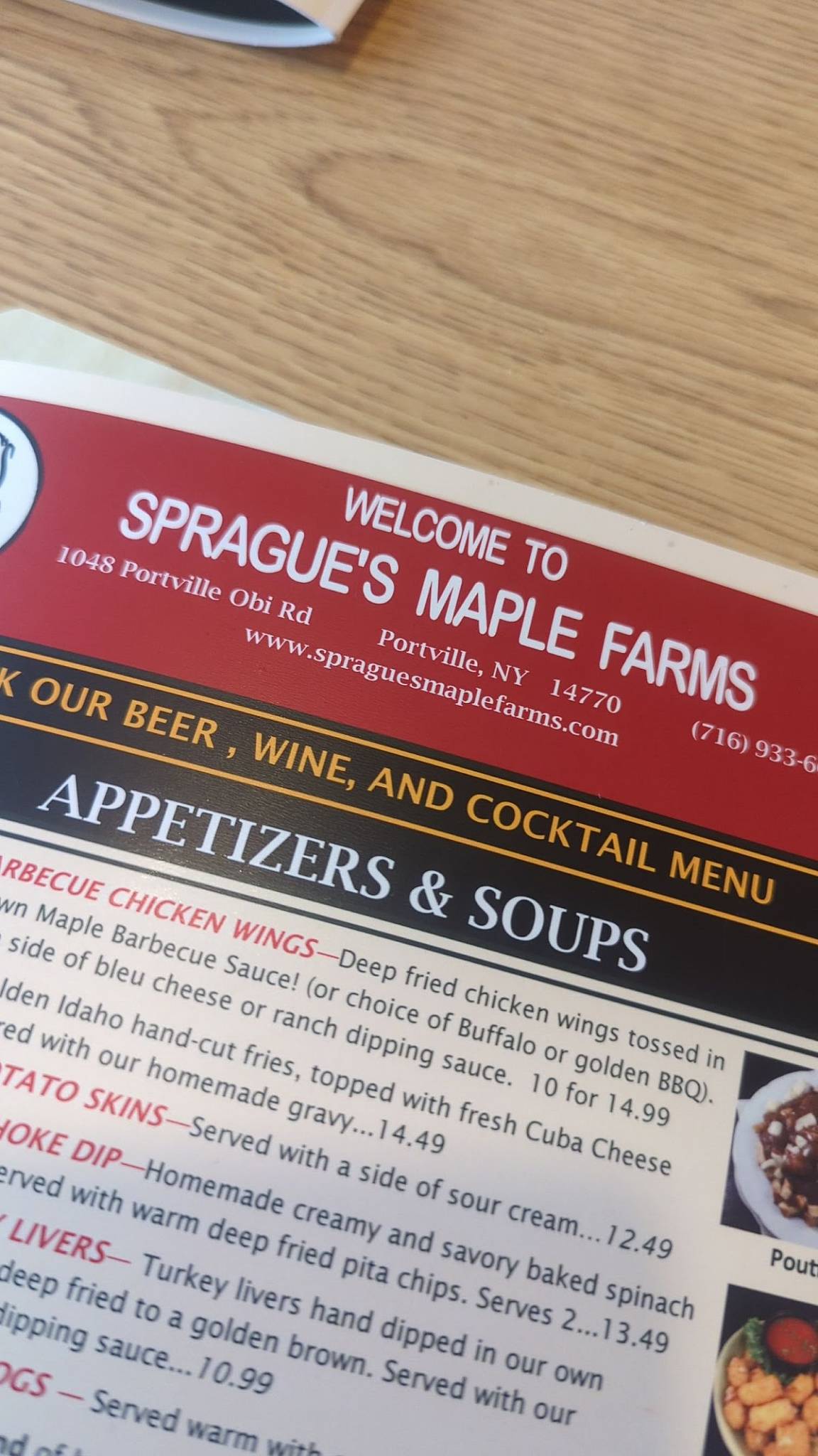 Menu at Sprague's Maple Farms restaurant, Portville