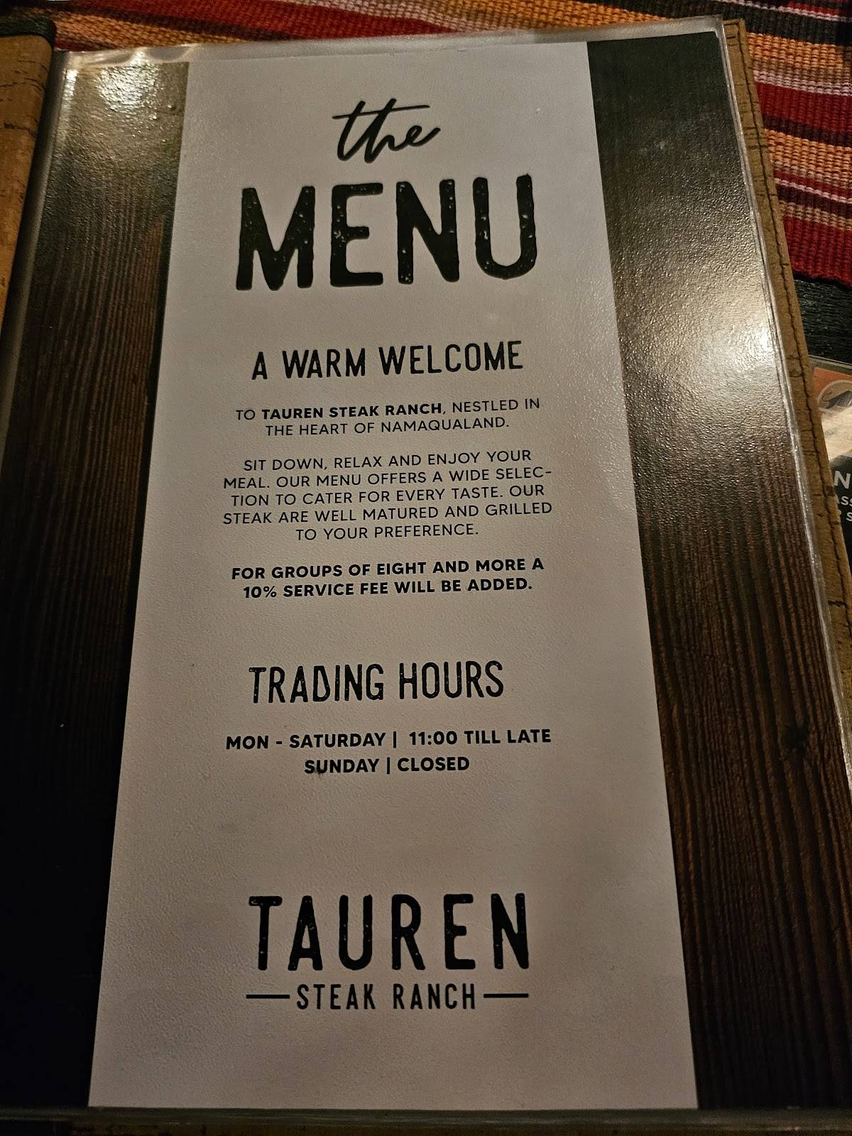 Menu at Tauren Steak Ranch Springbok steakhouse, Springbok